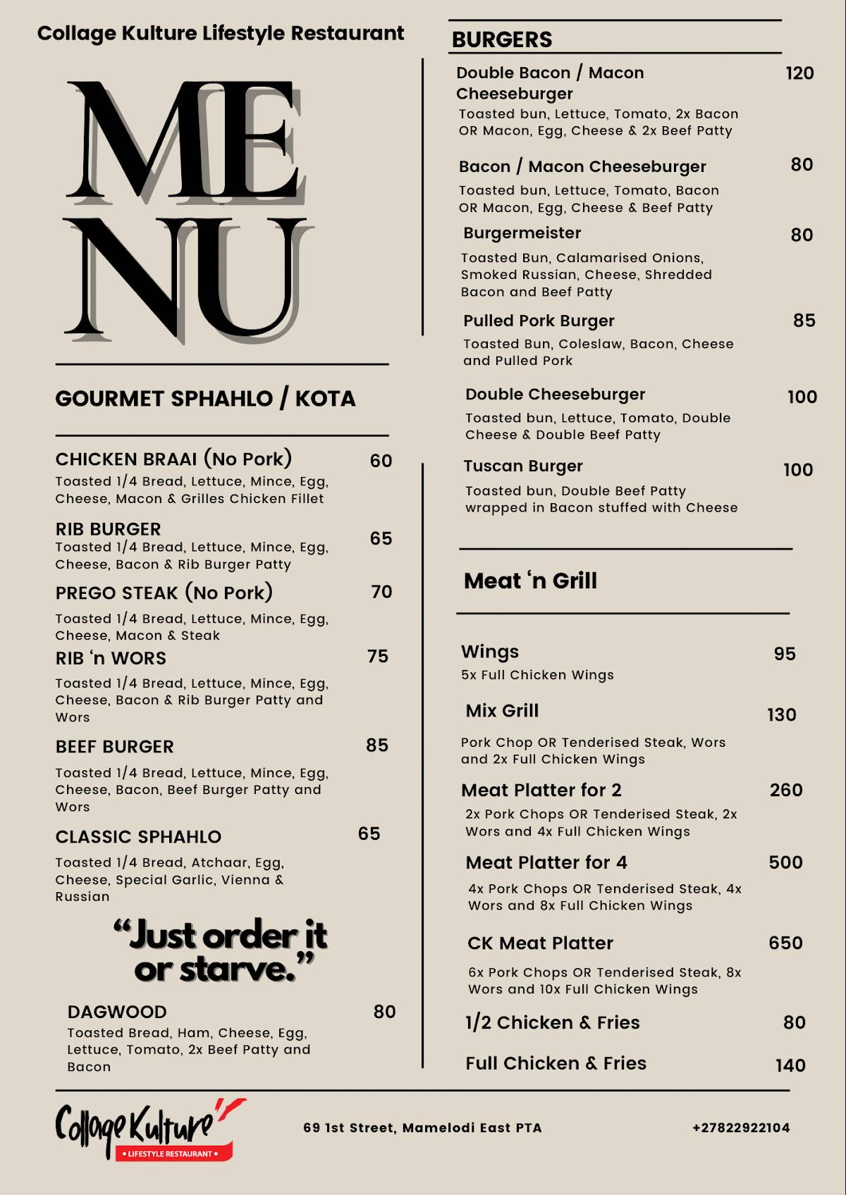 Menu at Collage kulture restaurant, Pretoria, 71 1st St