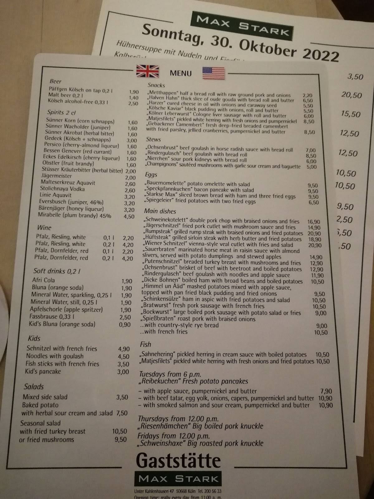 Speisekarte von Max Stark restaurant, Köln