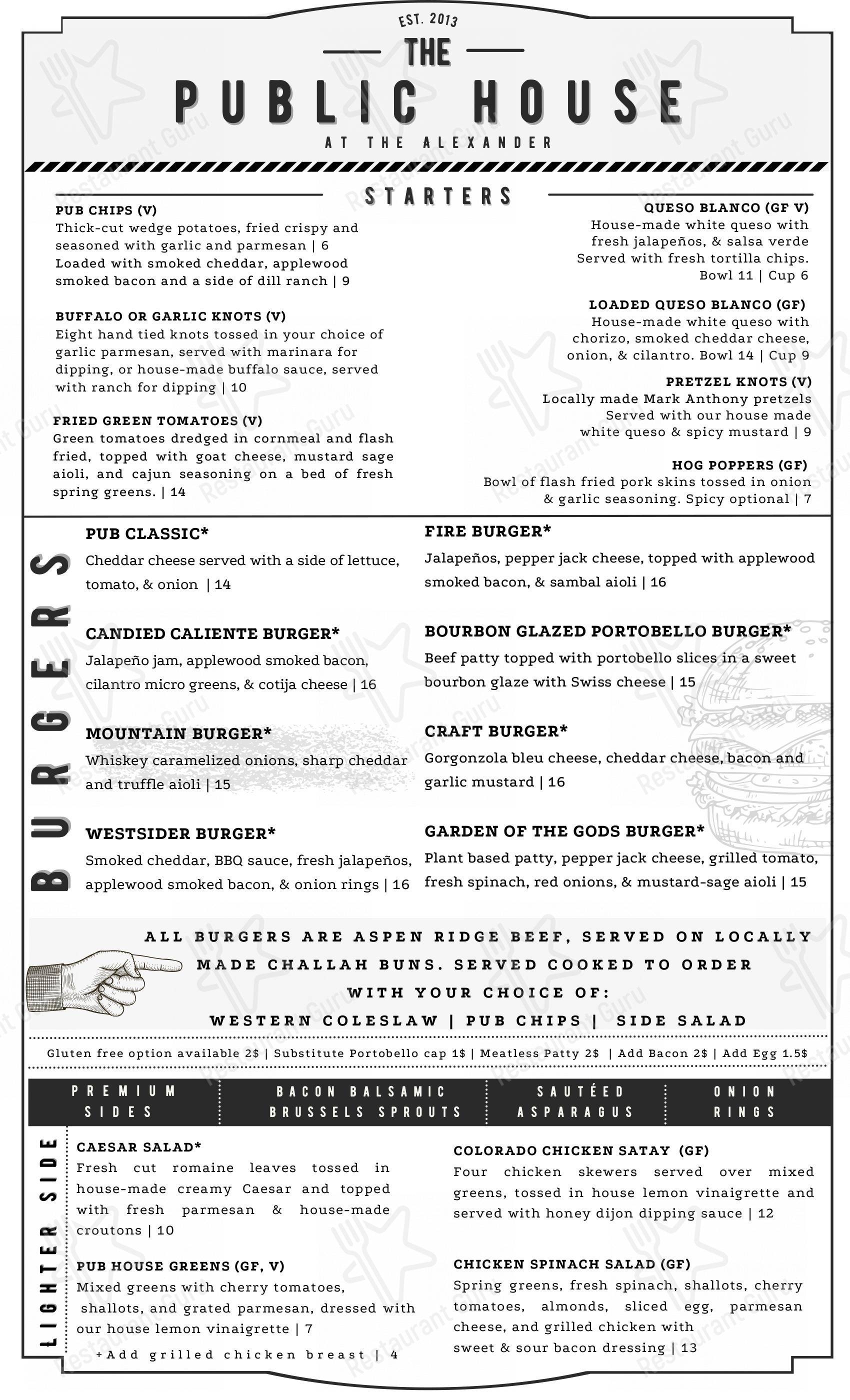 Menu at The Public House, Colorado Springs