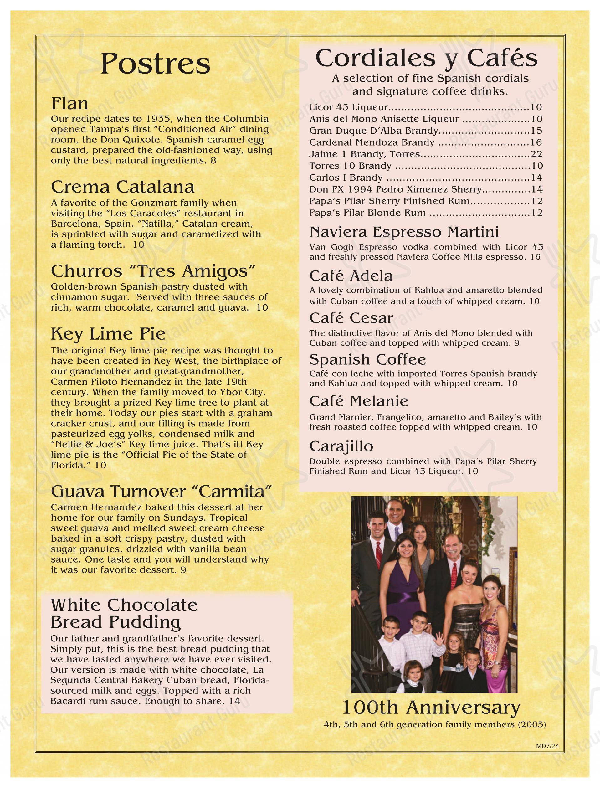 Menu at Columbia Restaurant, Sarasota