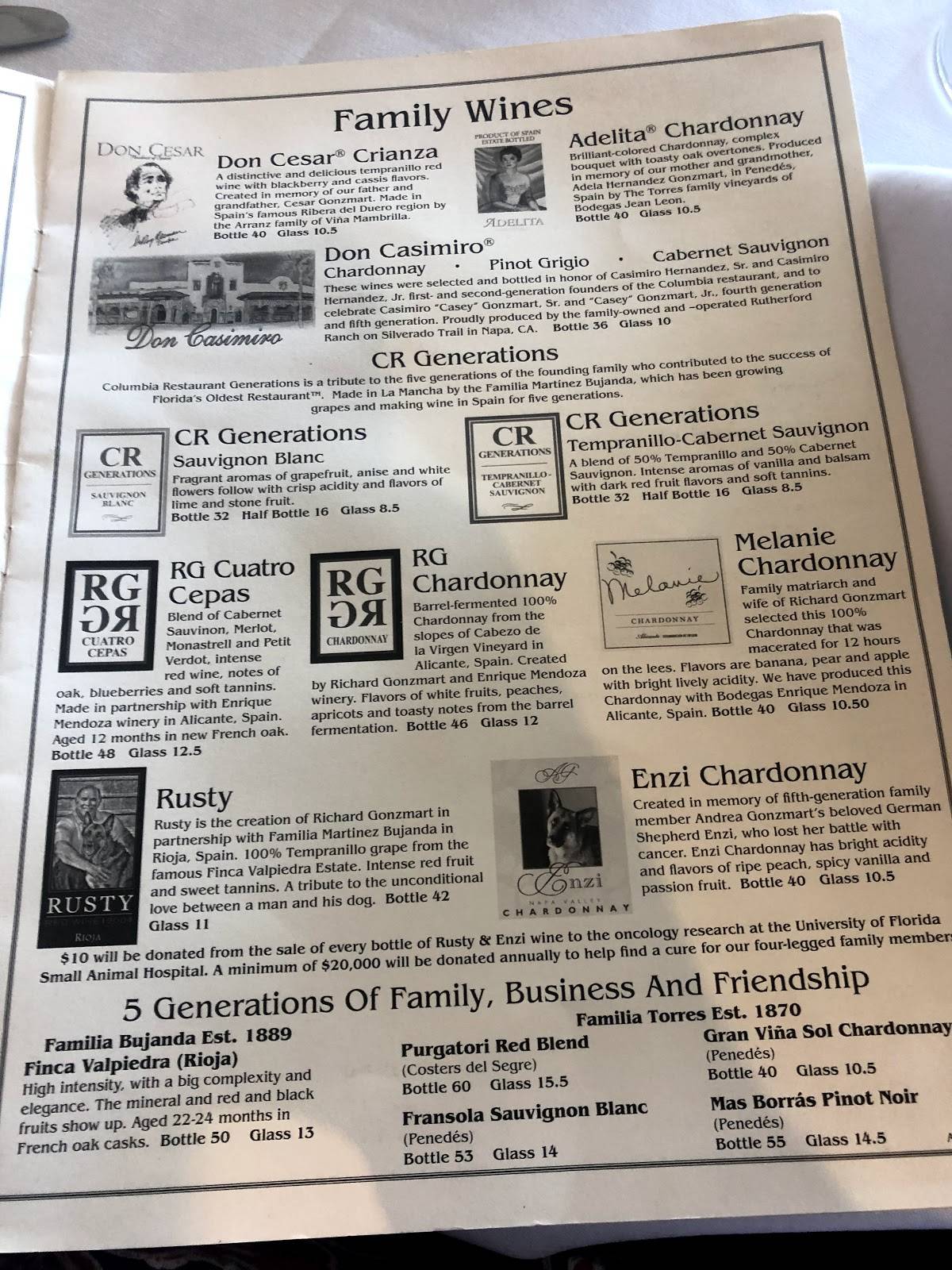 Menu at Columbia Restaurant, Sarasota