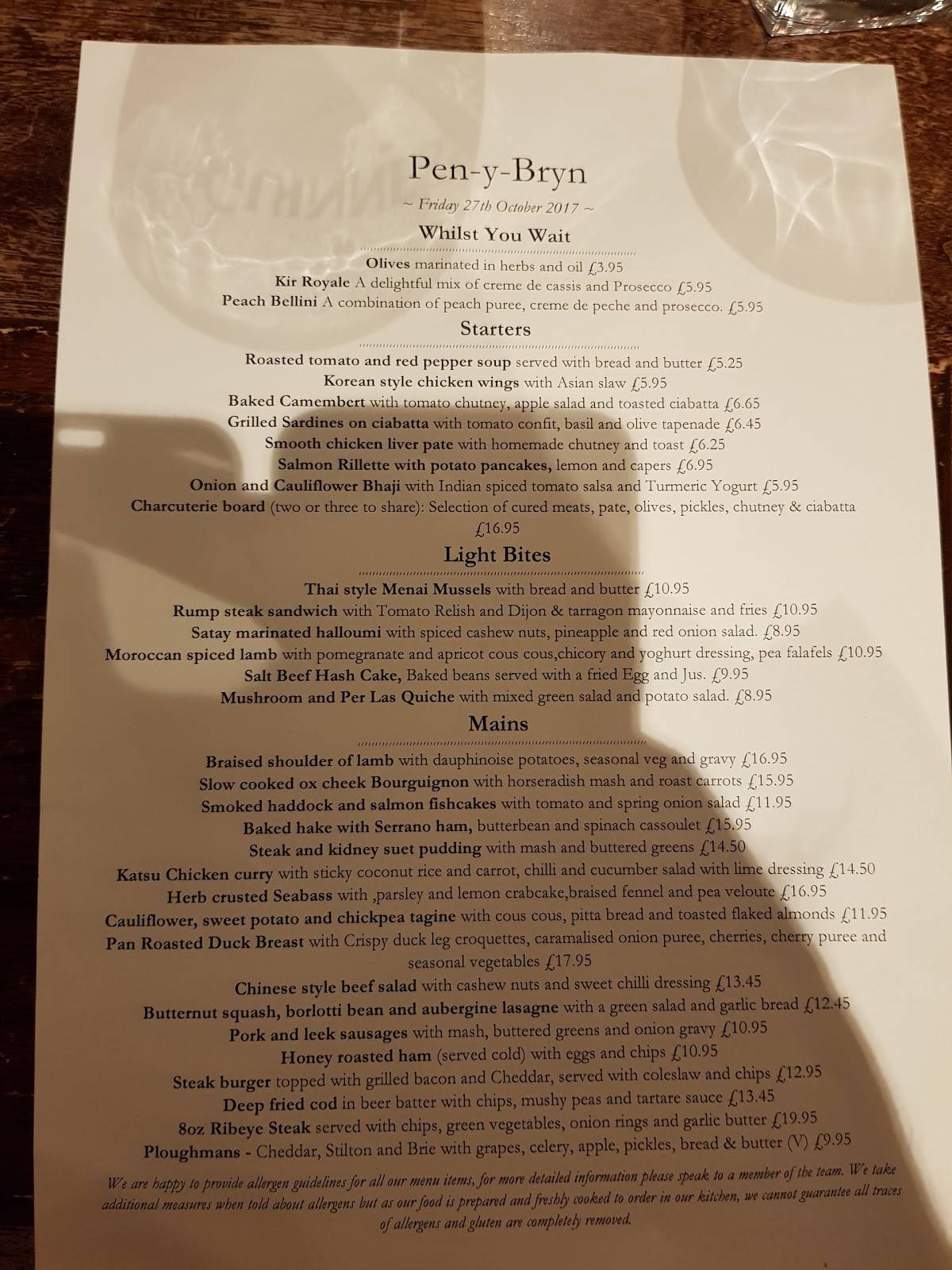 Menu at Pen-y-Bryn pub & bar, Colwyn Bay