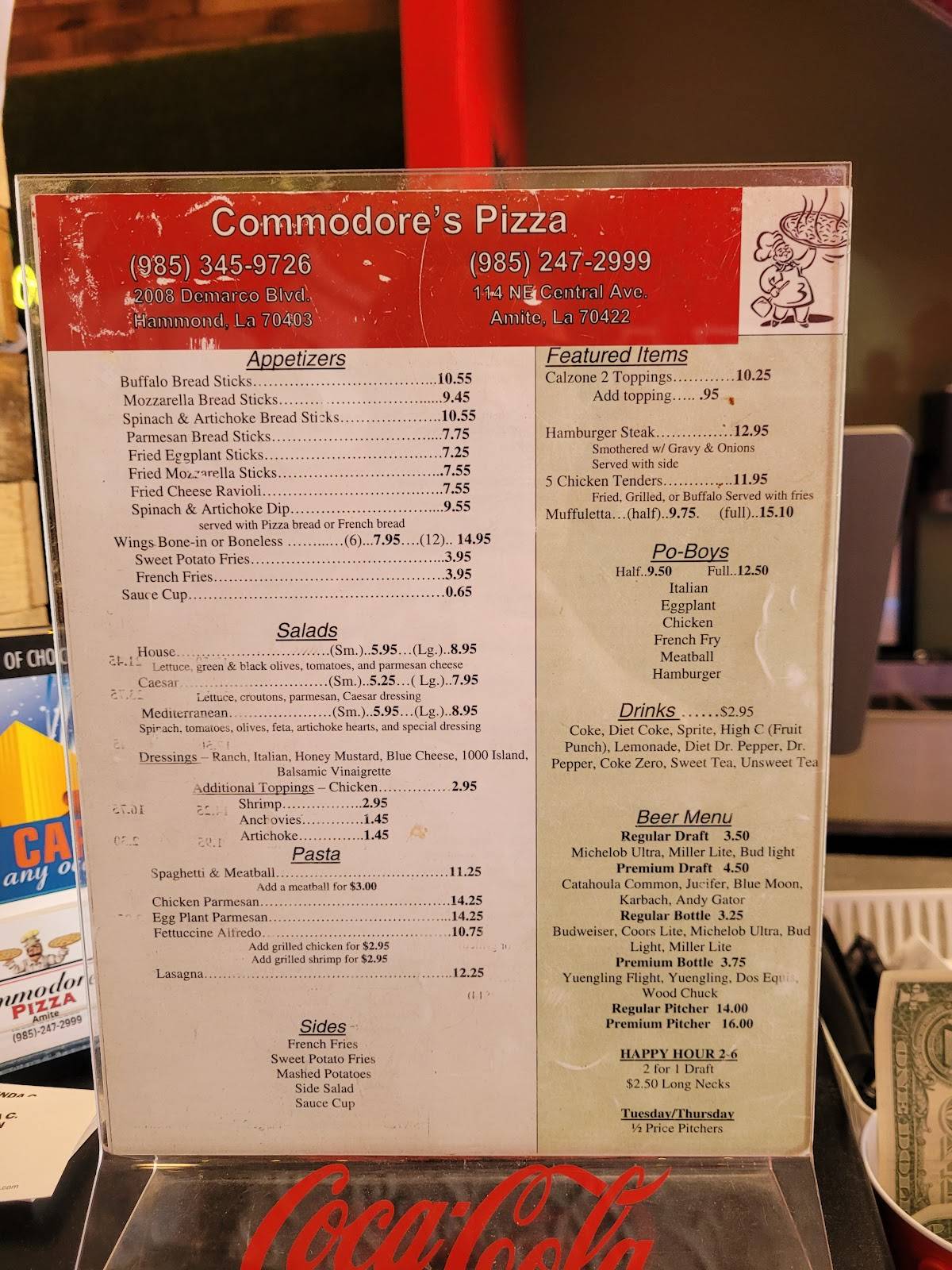 Menu at Commodore's Pizza of Amite restaurant, Amite City