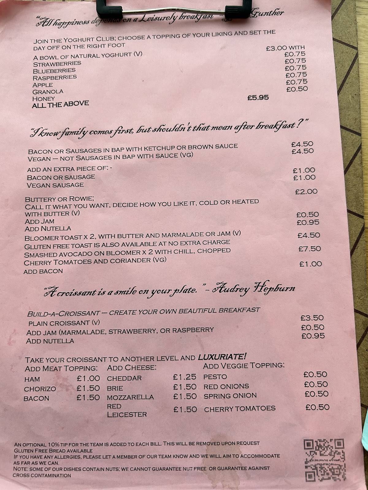 Menu at Common Sense Coffee House & Bar, Aberdeen