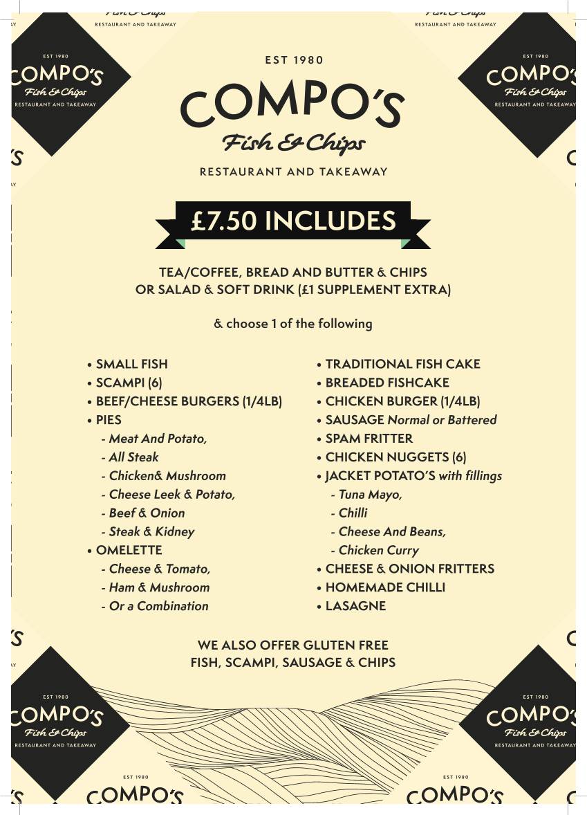 Menu at Compo's restaurant, Holmfirth, 9 Burnlee Rd