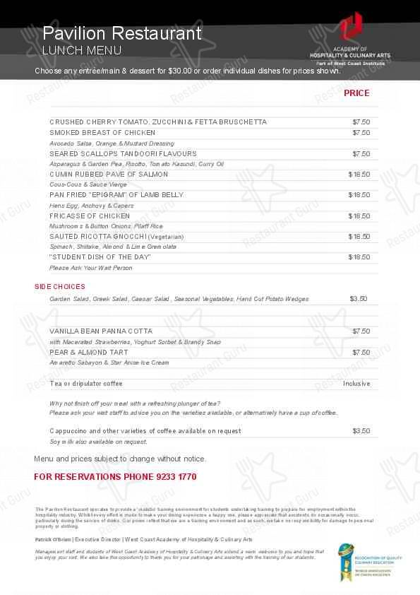 Menu at Pavilion Restaurant (at North Metropolitan TAFE), Joondalup