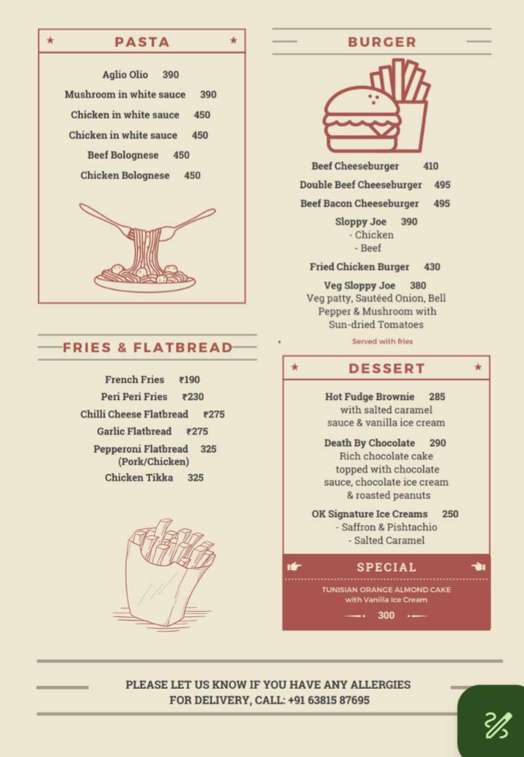 Menu at Open Kitchen Restaurant Pizzeria & Burgers, Coonoor