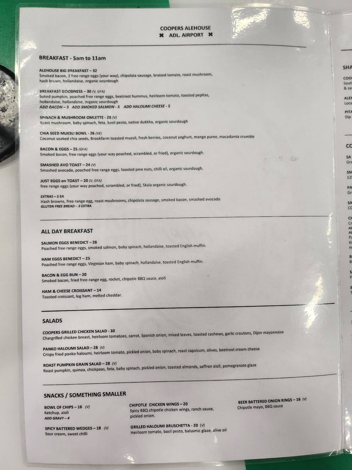 Menu at Coopers Alehouse pub & bar, Adelaide Airport