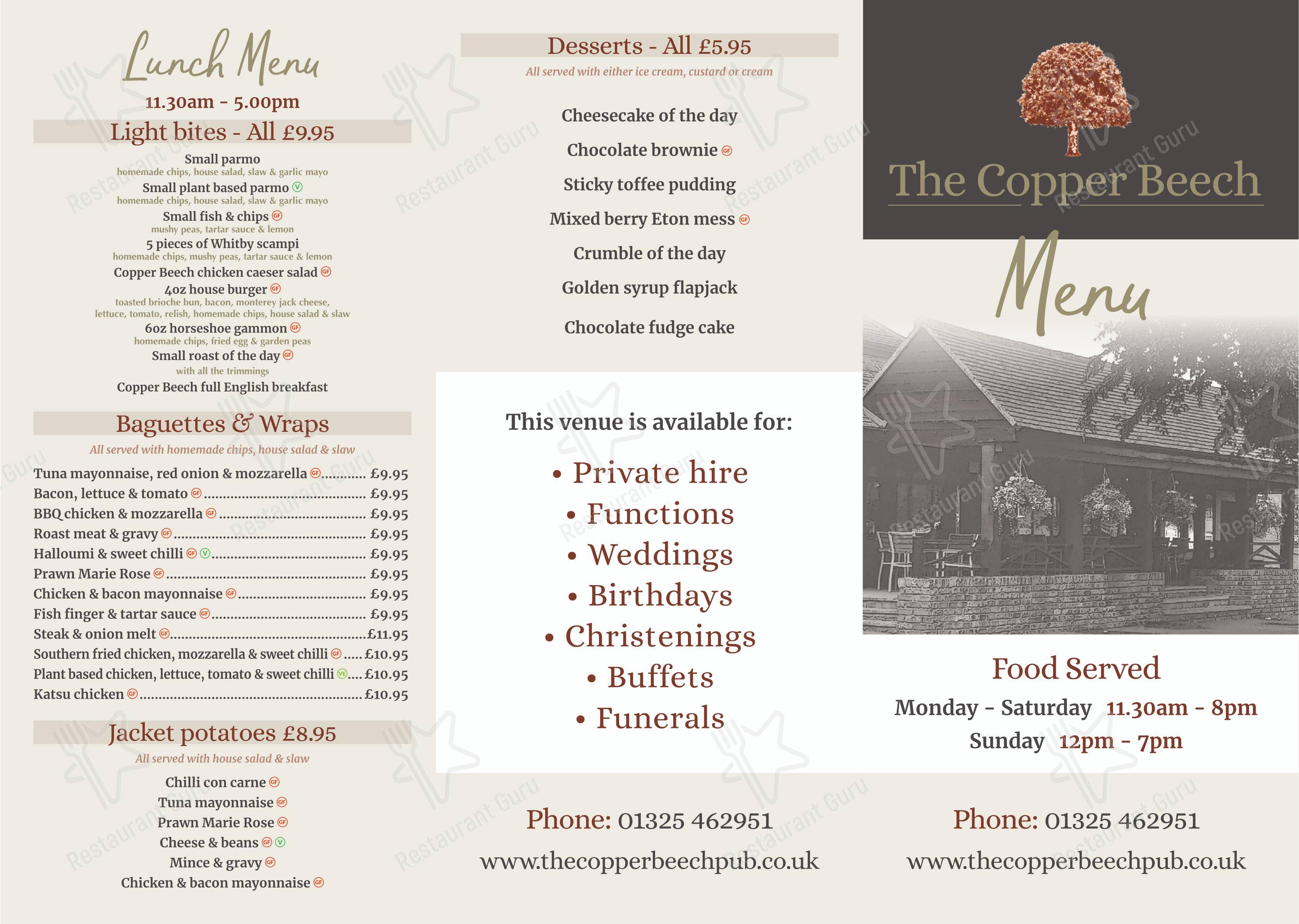 Menu at Copper Beech Pub, Darlington