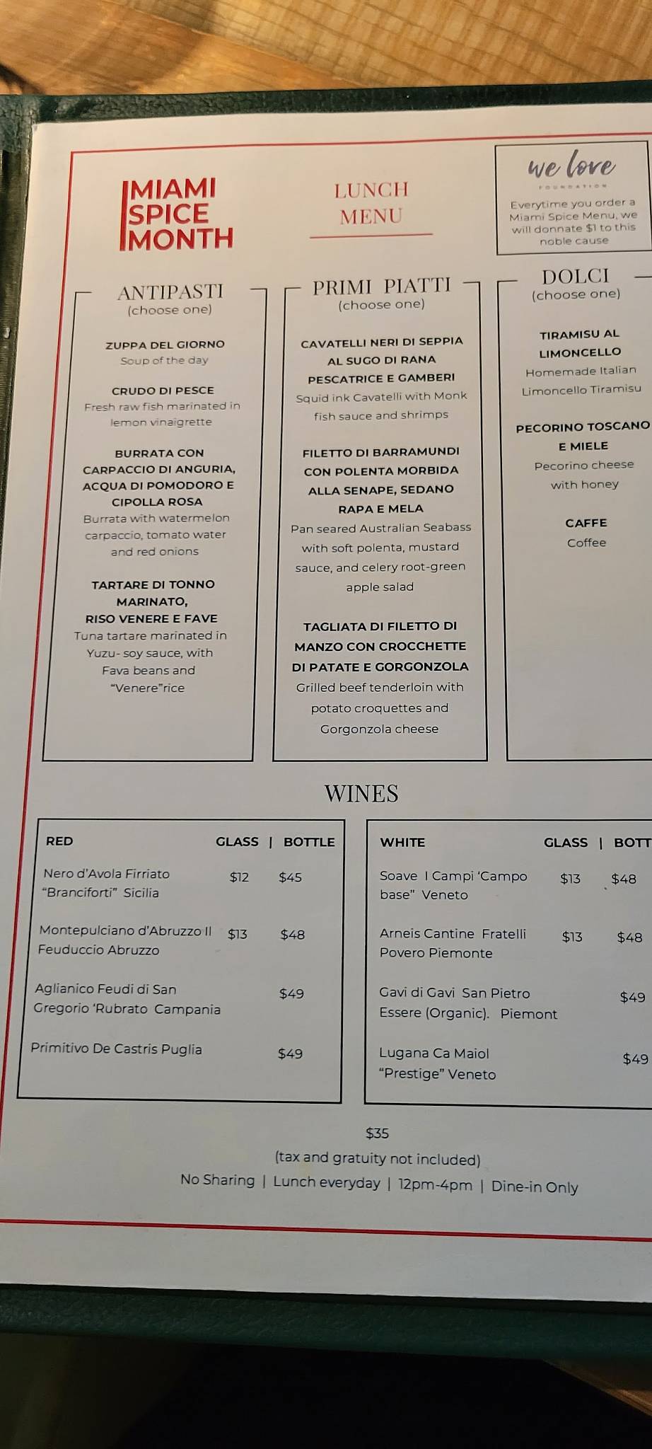 Menu at Zucca restaurant, Coral Gables