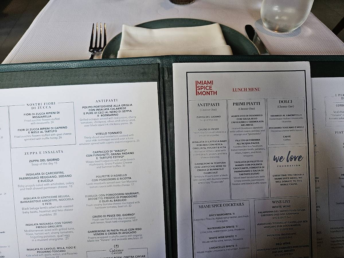 Menu at Zucca restaurant, Coral Gables