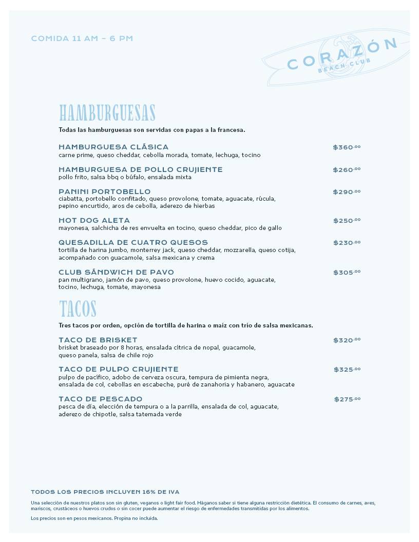 Menu at Corazon Beach Club, Cabo San Lucas