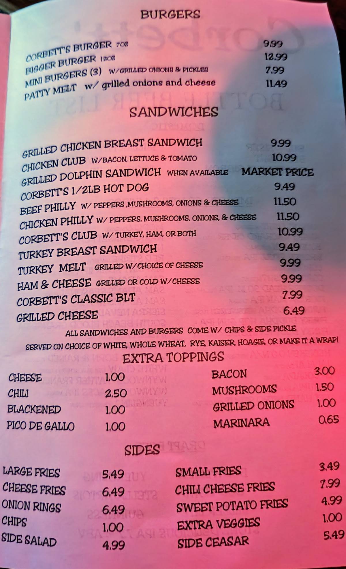 Menu at Corbett's Sports Bar & Grill, Miami