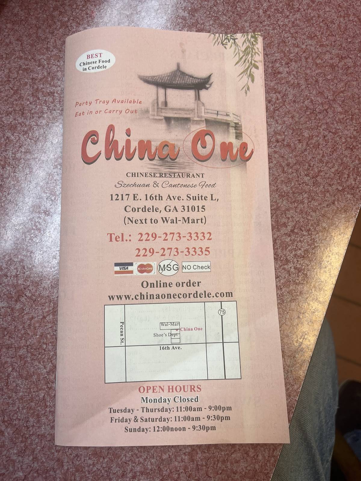 Menu at China One restaurant, Cordele, E 16th Ave L