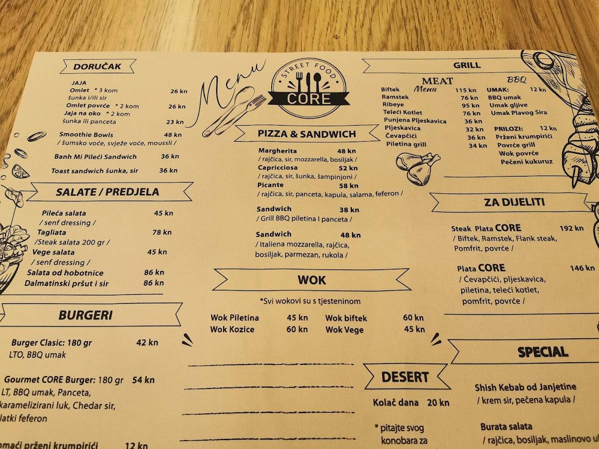 Menu at Core :: Street Food restaurant, Sinj