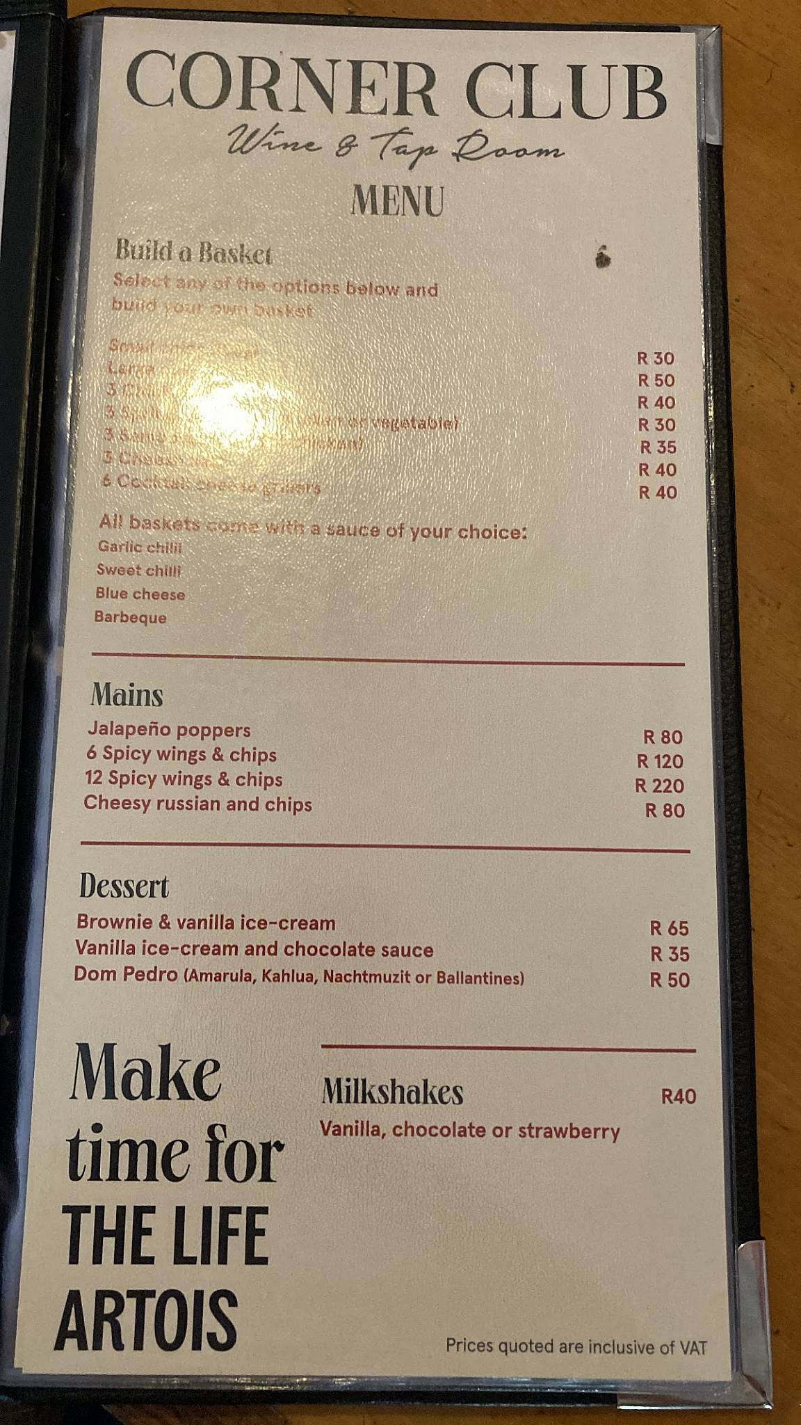 Menu at Corner Club, George, Cornerstone Lifestyle Centre