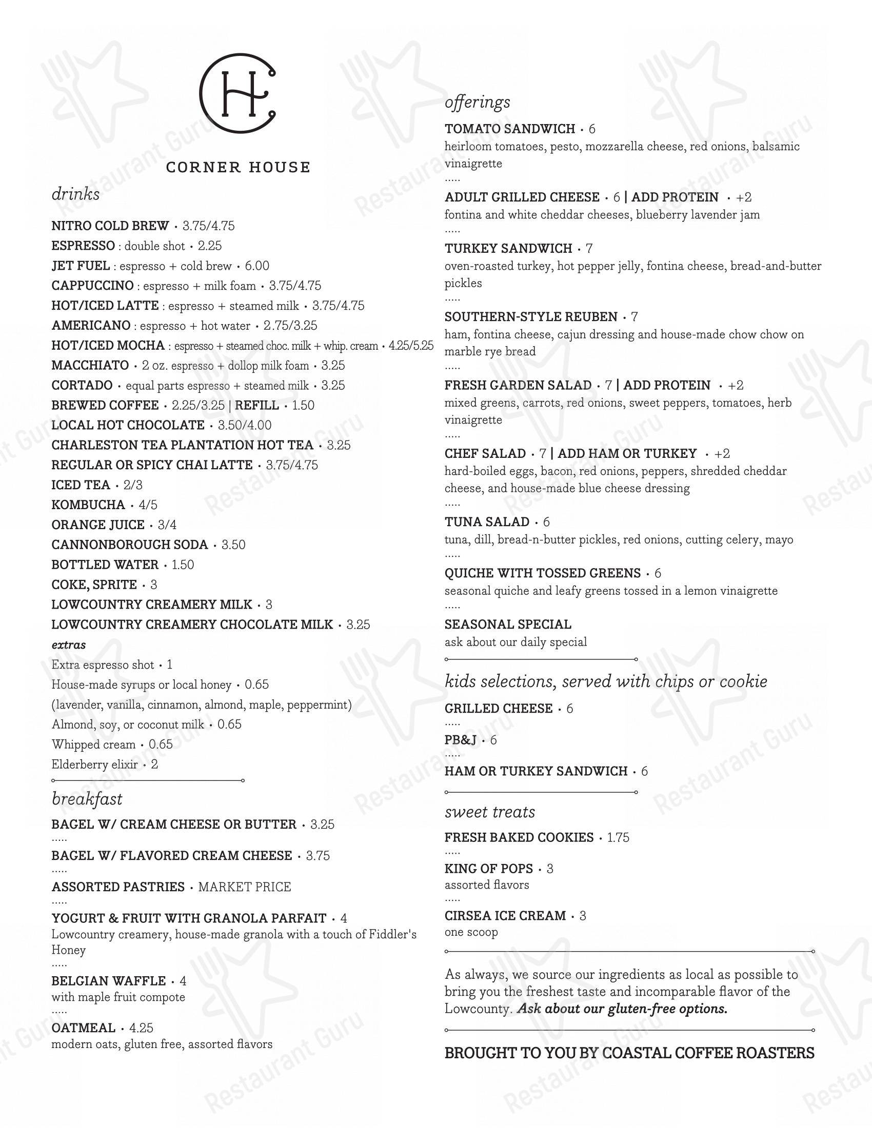 Menu at Corner House Restaurant, Summerville