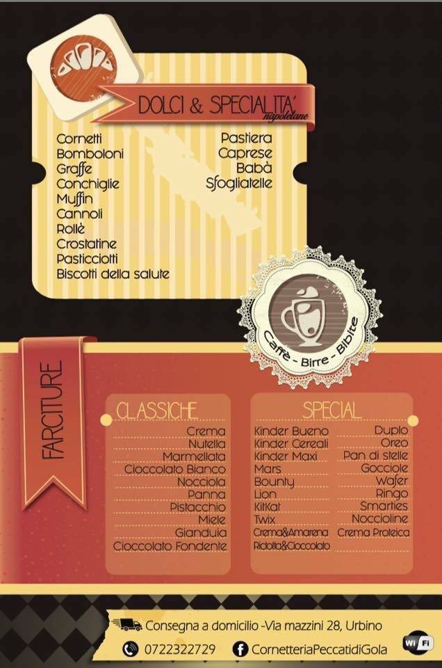 Carta del pub y bar Cornetteria Peccati Di Gola, Urbino