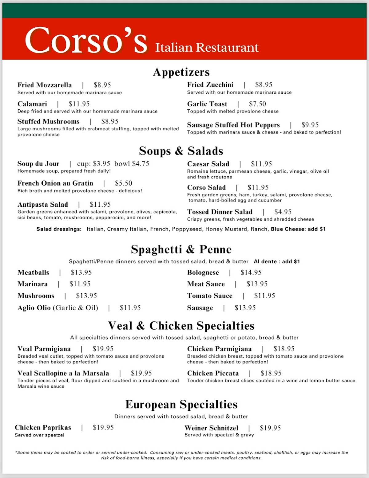 Menu at Corso's Italian Restaurant, North Olmsted