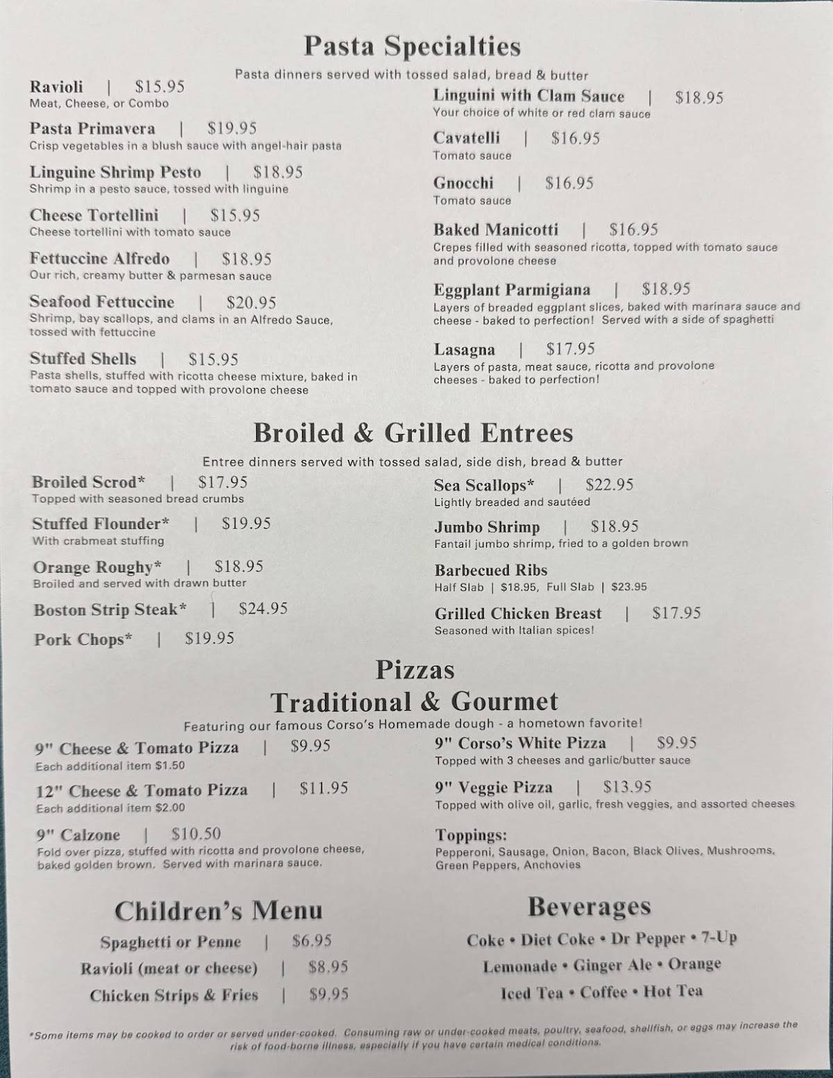 Menu at Corso's Italian Restaurant, North Olmsted