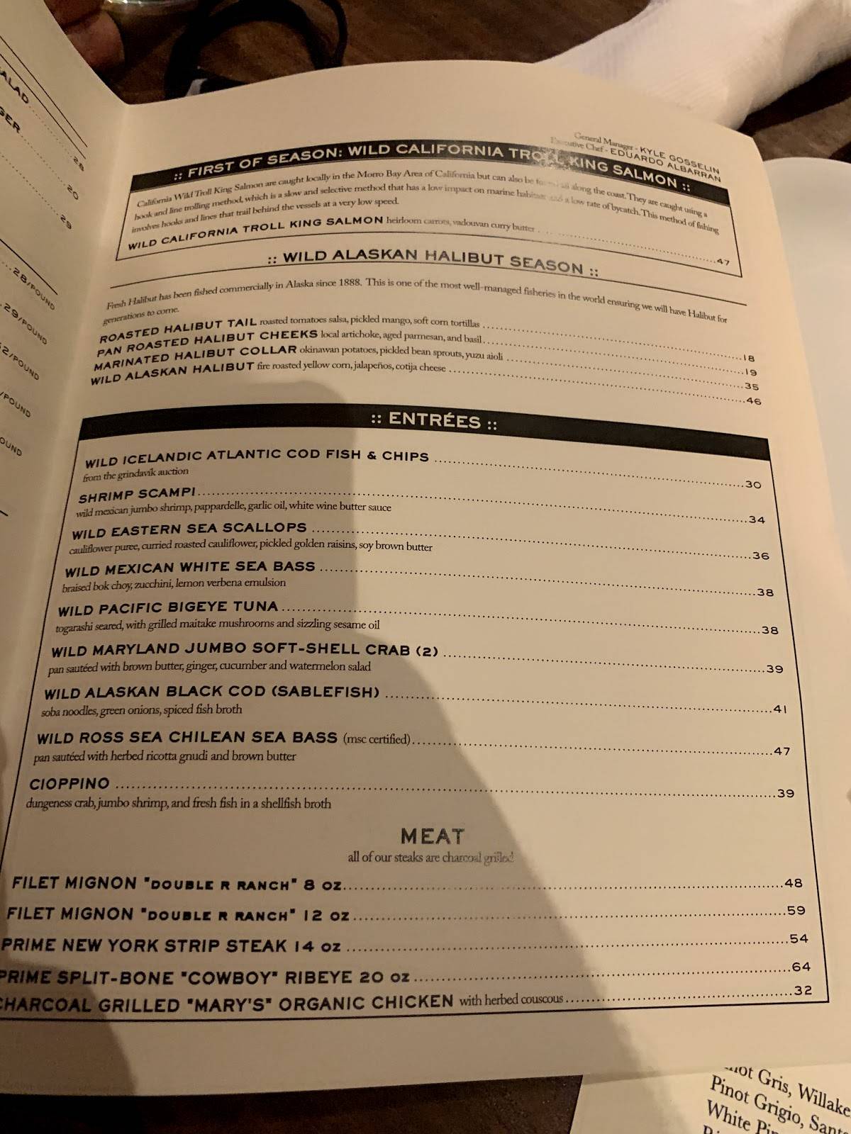 Menu at Water Grill restaurant, Costa Mesa