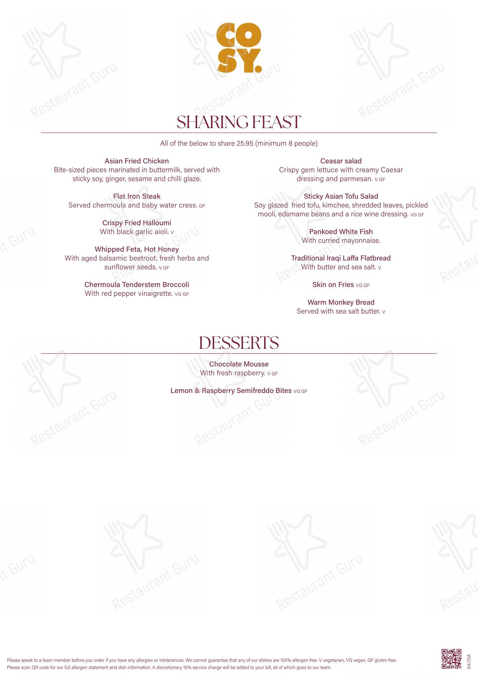 Menu at Cosy Club, Norwich