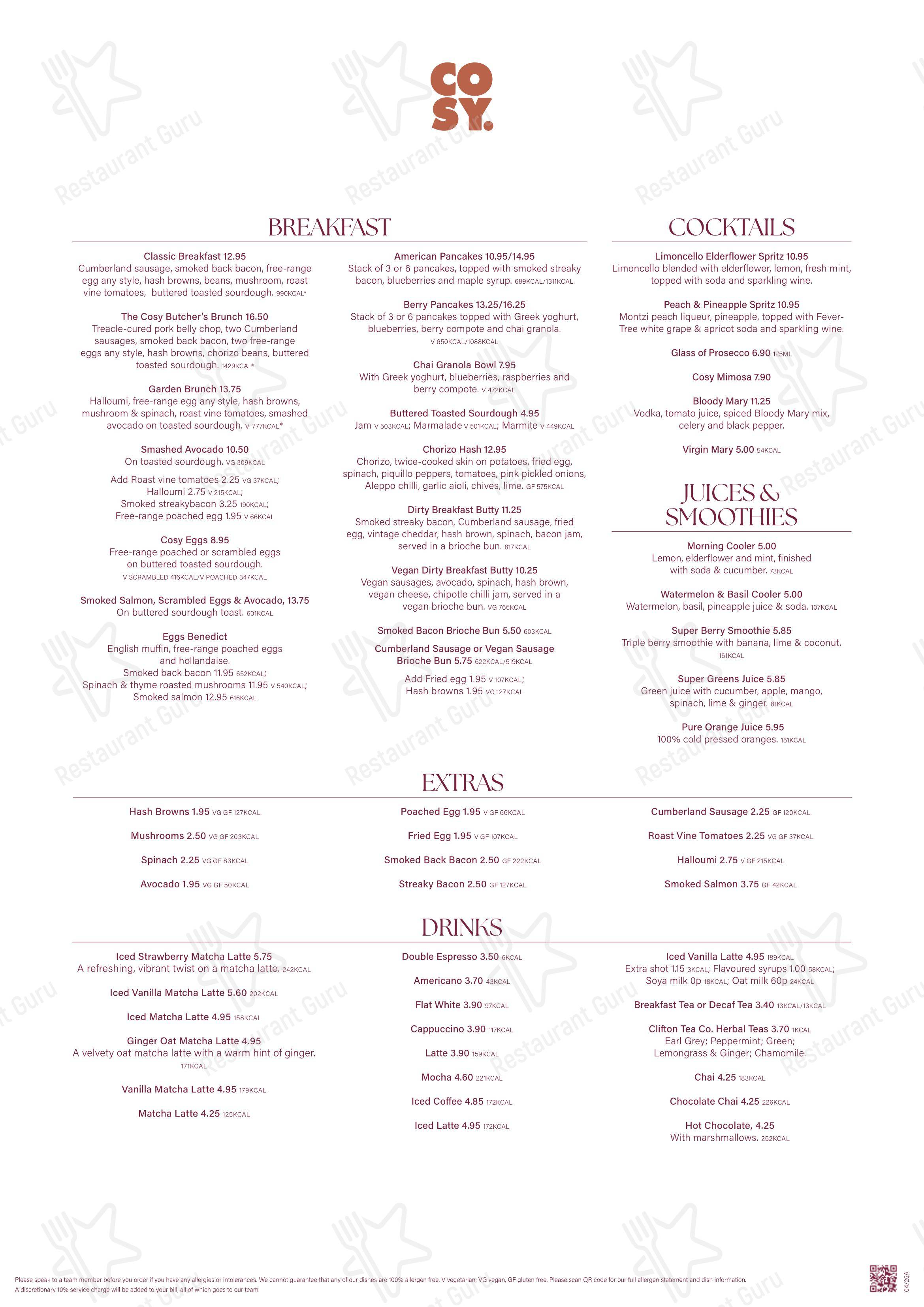 Menu at Cosy Club, Norwich