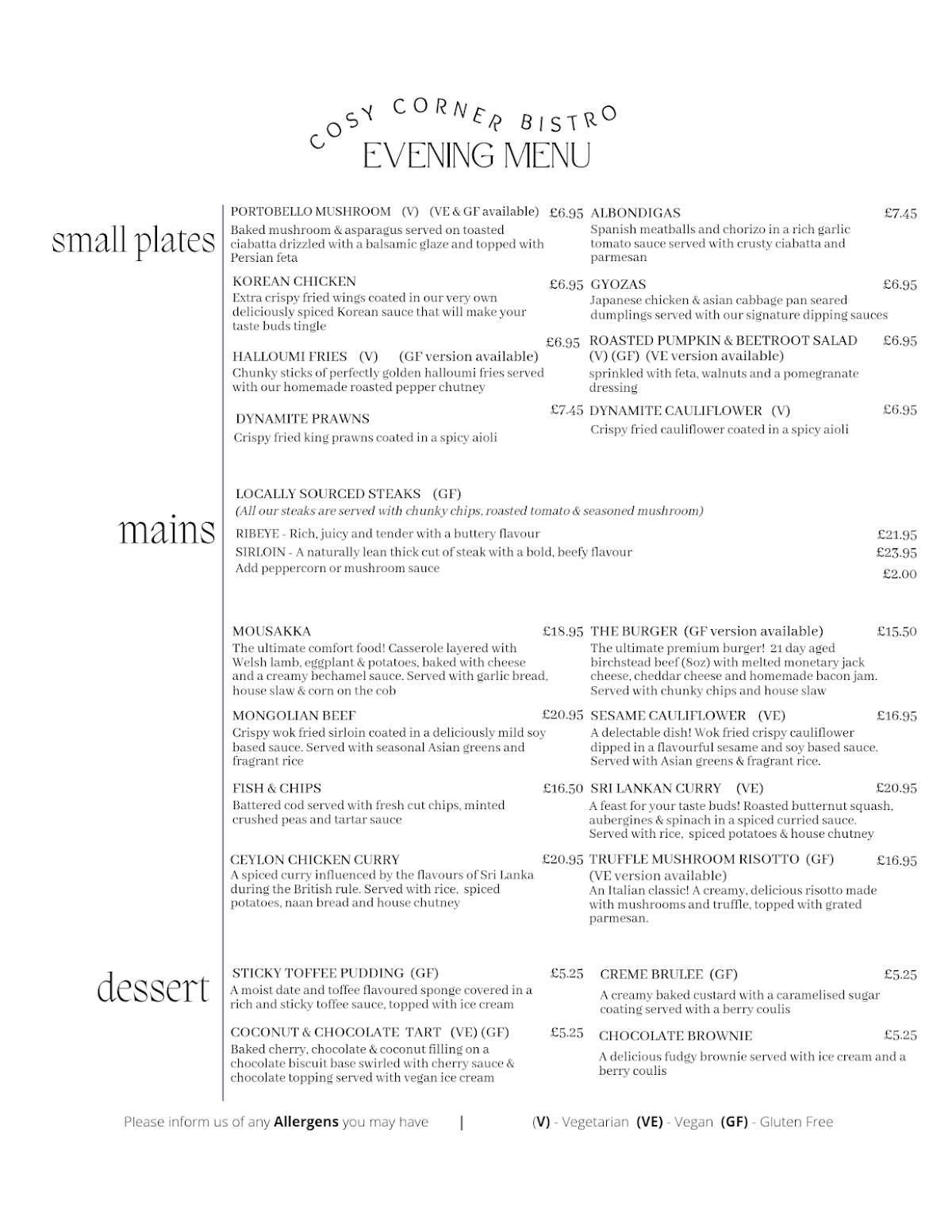 Menu at Cosy Corner Bistro restaurant, Builth Wells, 55 High St