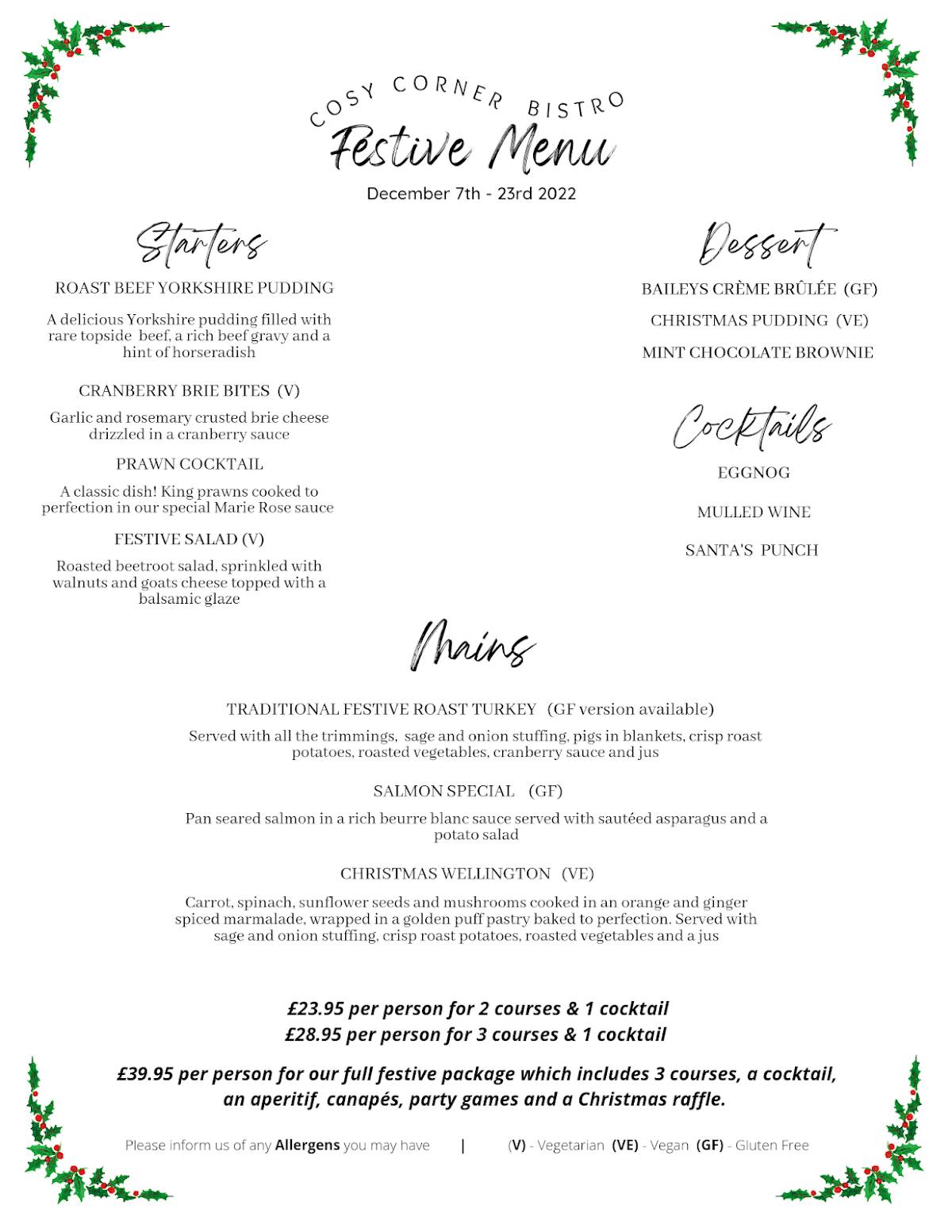 Menu at Cosy Corner Bistro restaurant, Builth Wells, 55 High St