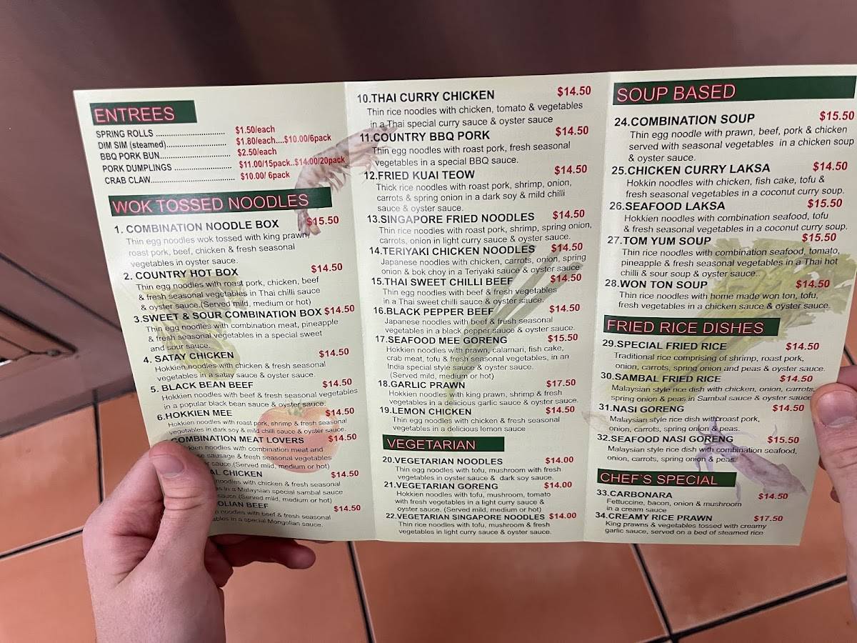 Menu at Country Noodles restaurant, Raymond Terrace
