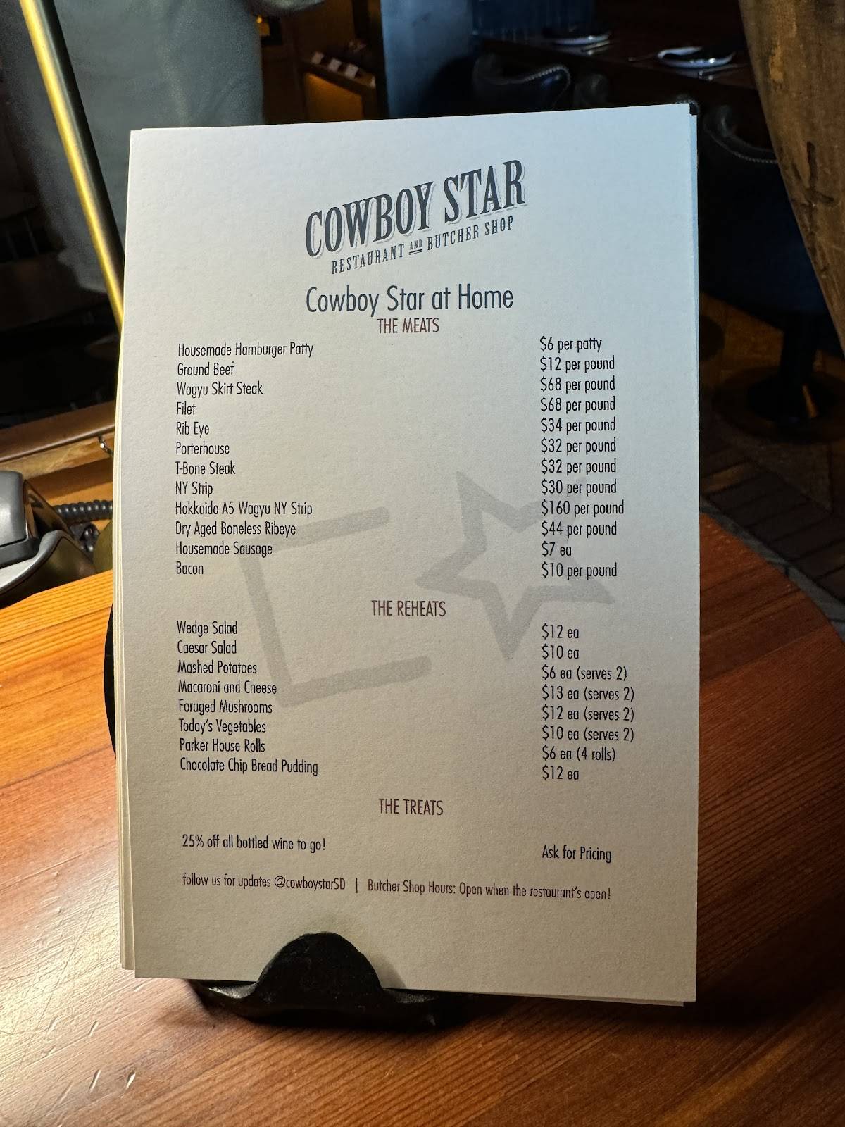 Menu at Cowboy Star Restaurant and Butcher Shop, San Diego