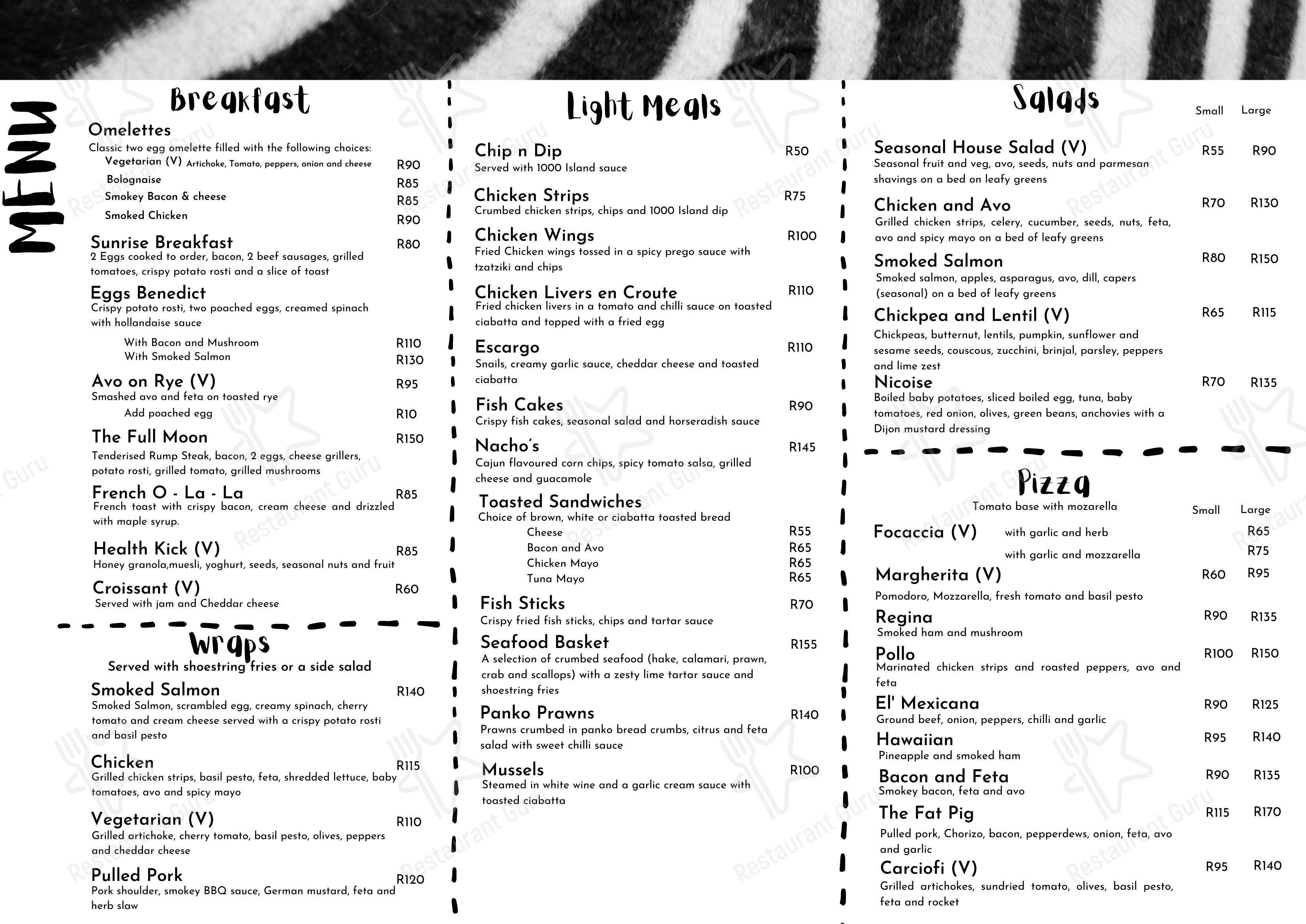 Menu at Cradle Moon Lakeside Game Lodge restaurant, Roodepoort