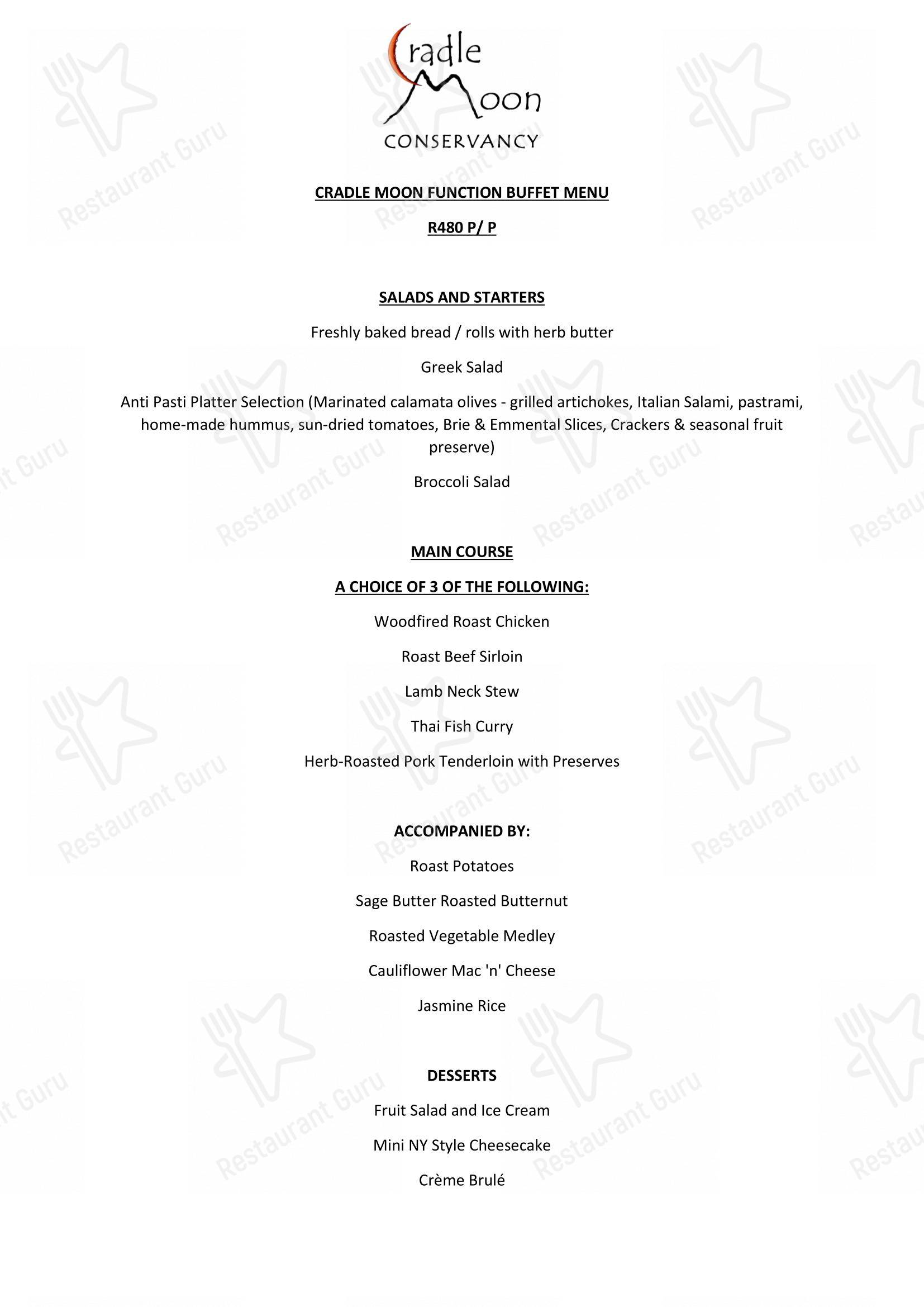 Menu at Cradle Moon Lakeside Game Lodge restaurant, Roodepoort