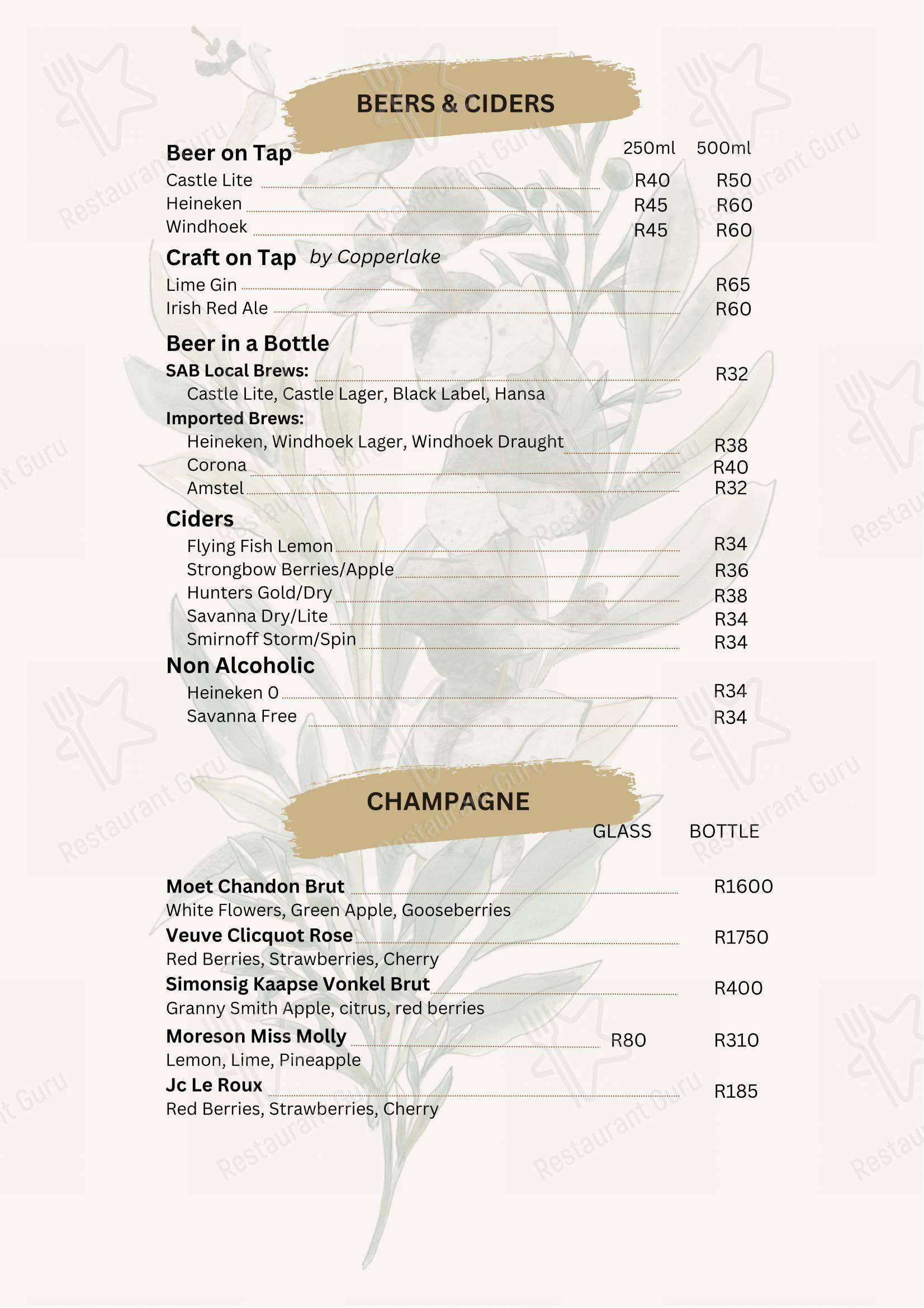 Menu at Cradle Moon Lakeside Game Lodge restaurant, Roodepoort