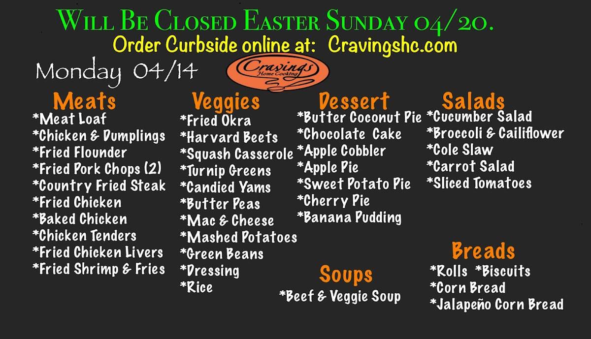 Menu at Cravings Home Cooking restaurant, McDonough
