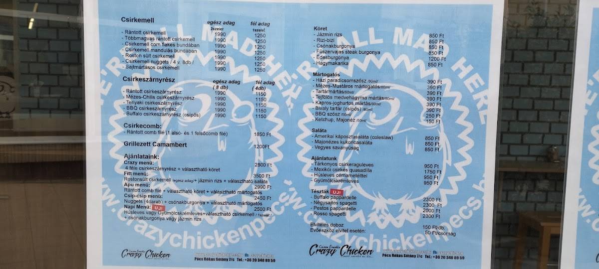 Carta del restaurante Crazy Chicken, Pécs