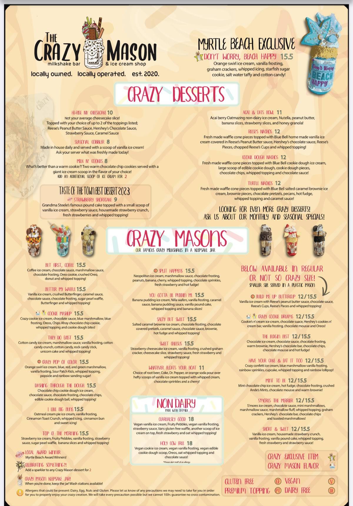 Menu at The Crazy Mason Milkshake Bar, Myrtle Beach