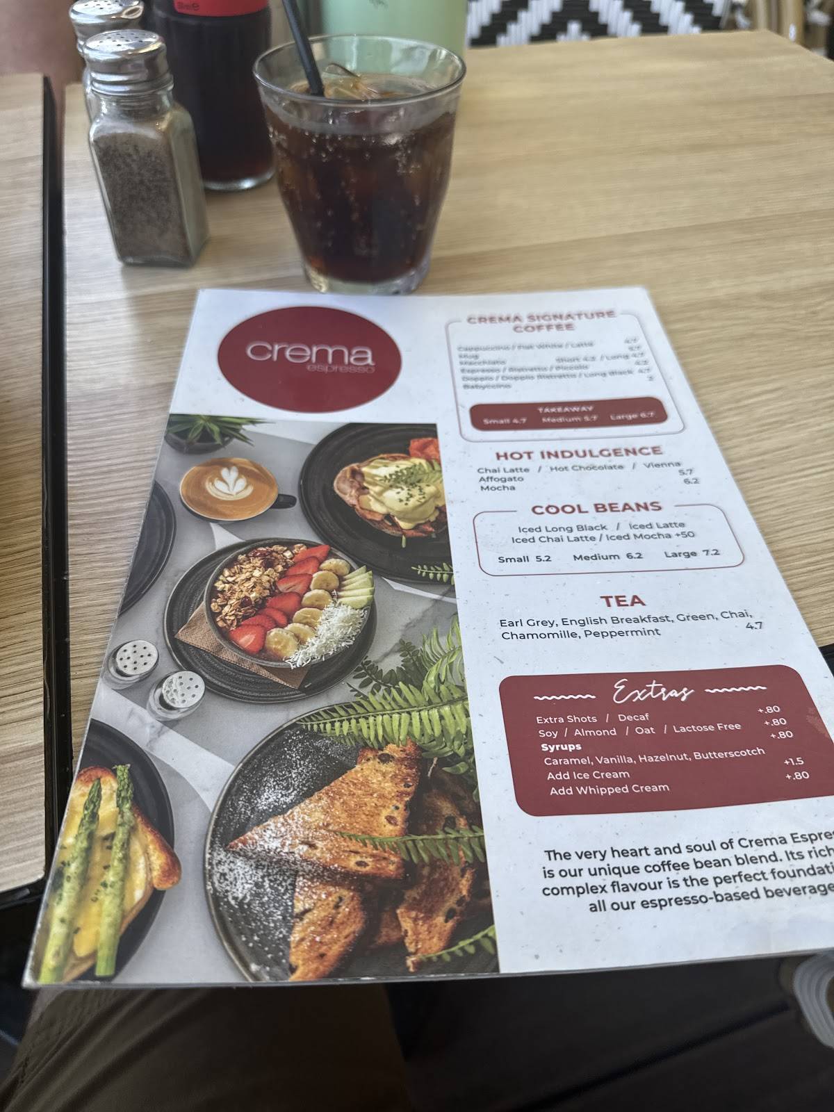 Menu at Crema Espresso cafe, Runaway Bay, Runaway Bay Centre