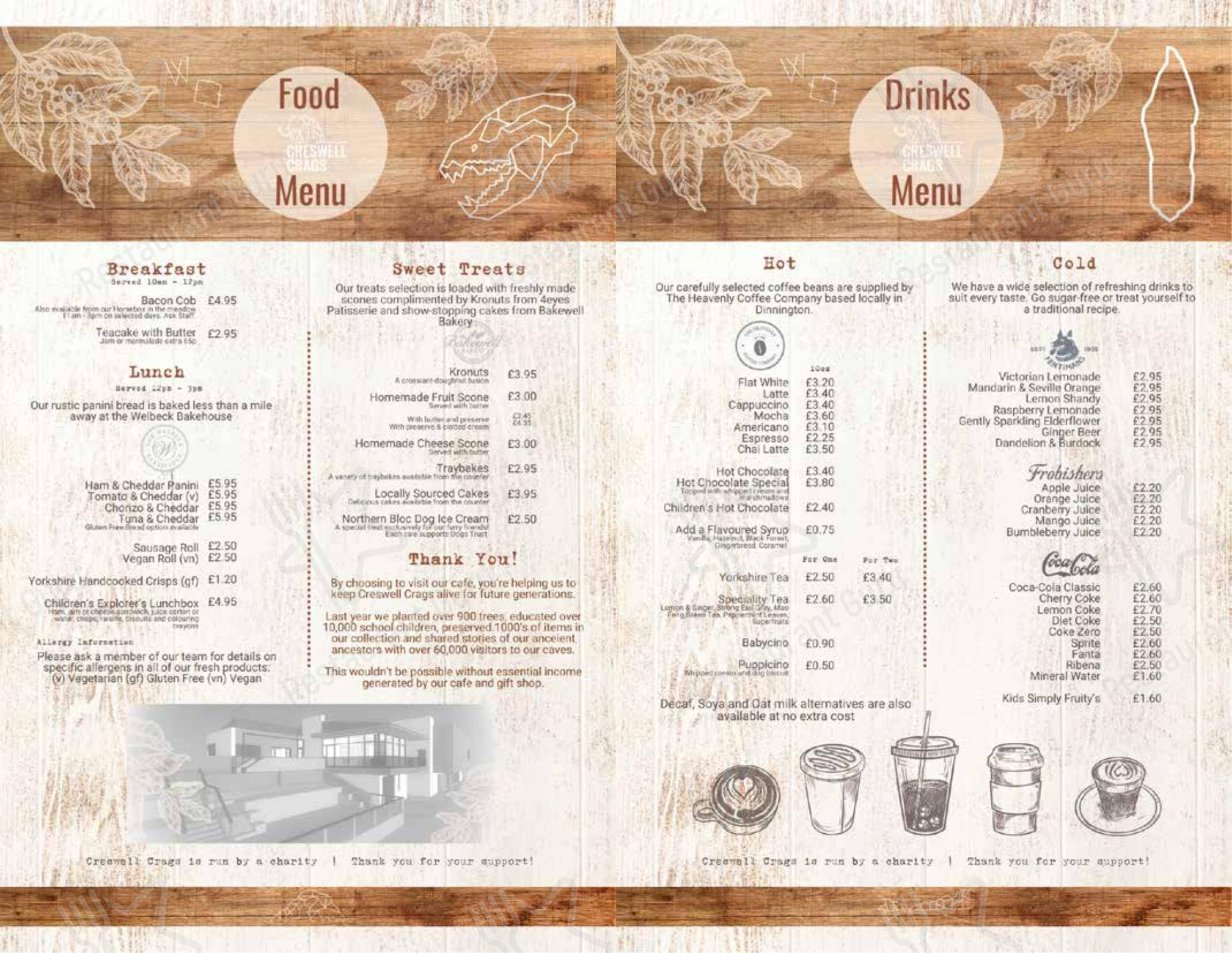 Carta del café Creswell Crags, Worksop