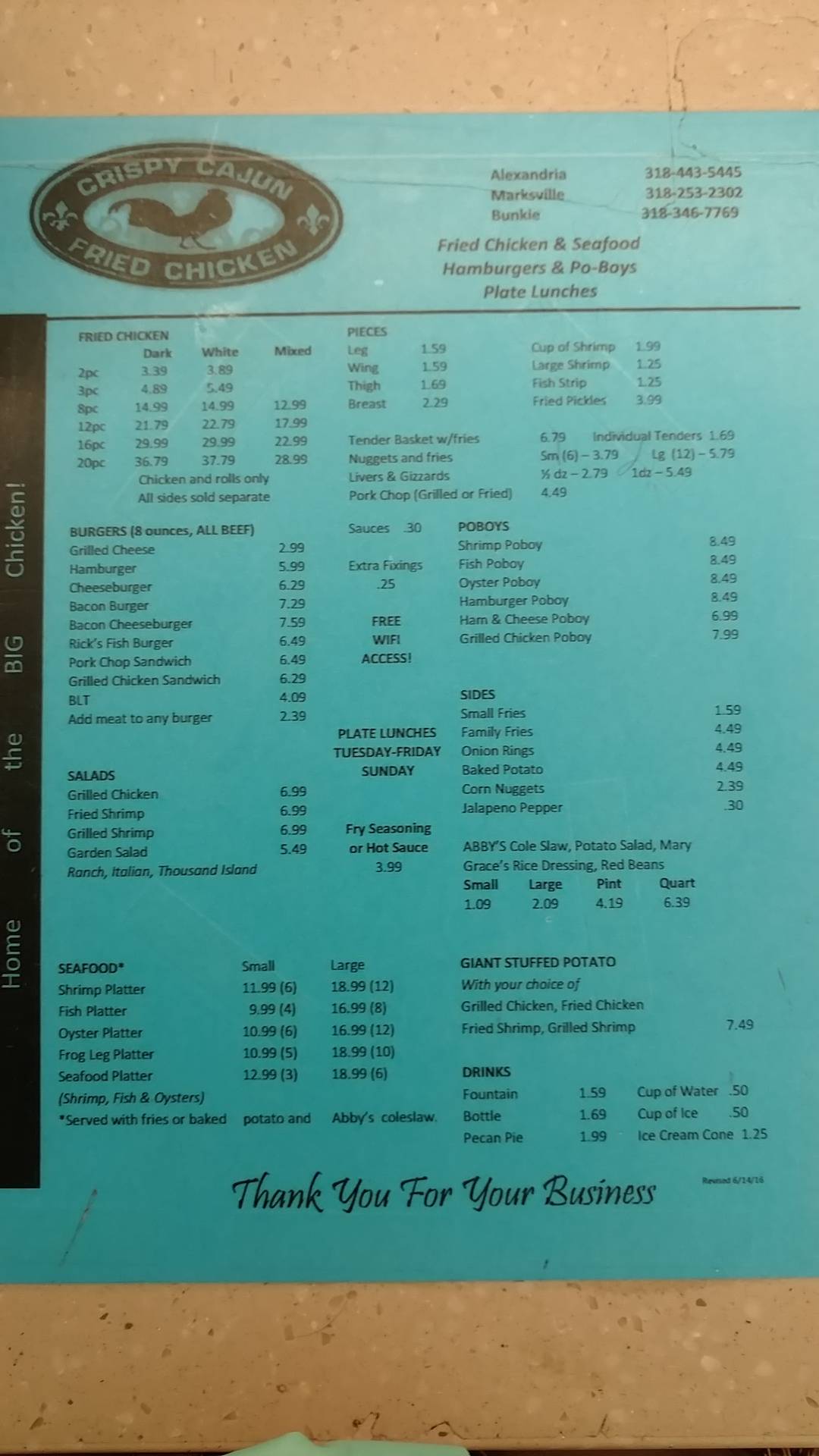 Menu at T-RAK’S Big Chicken and Seafood restaurant, Marksville
