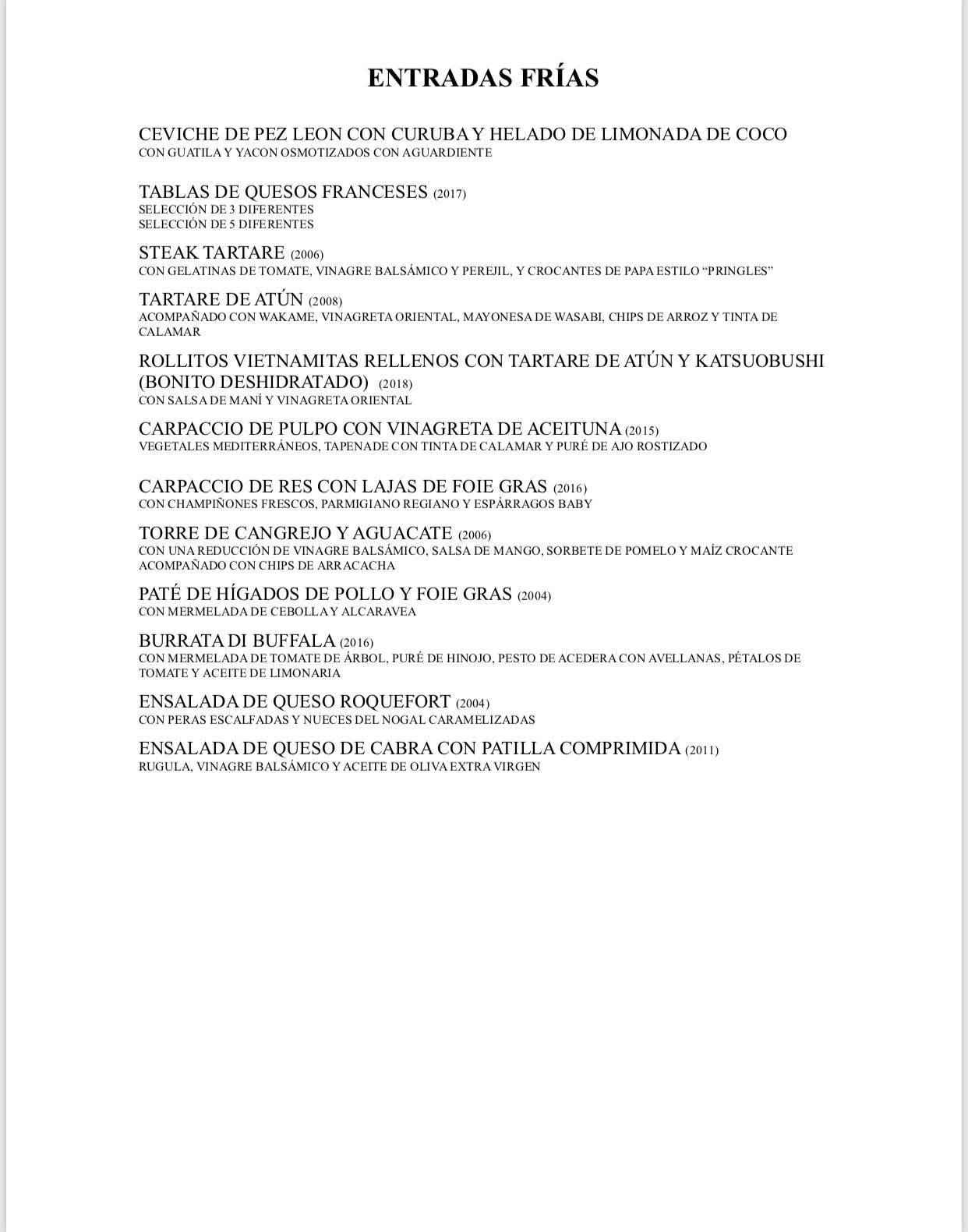 Carta del restaurante Criterión, Bogotá