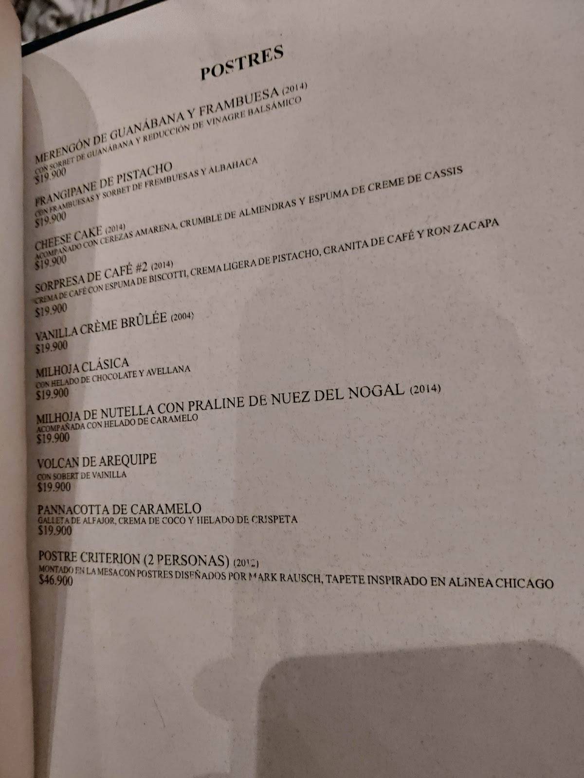 Carta del restaurante Criterión, Bogotá