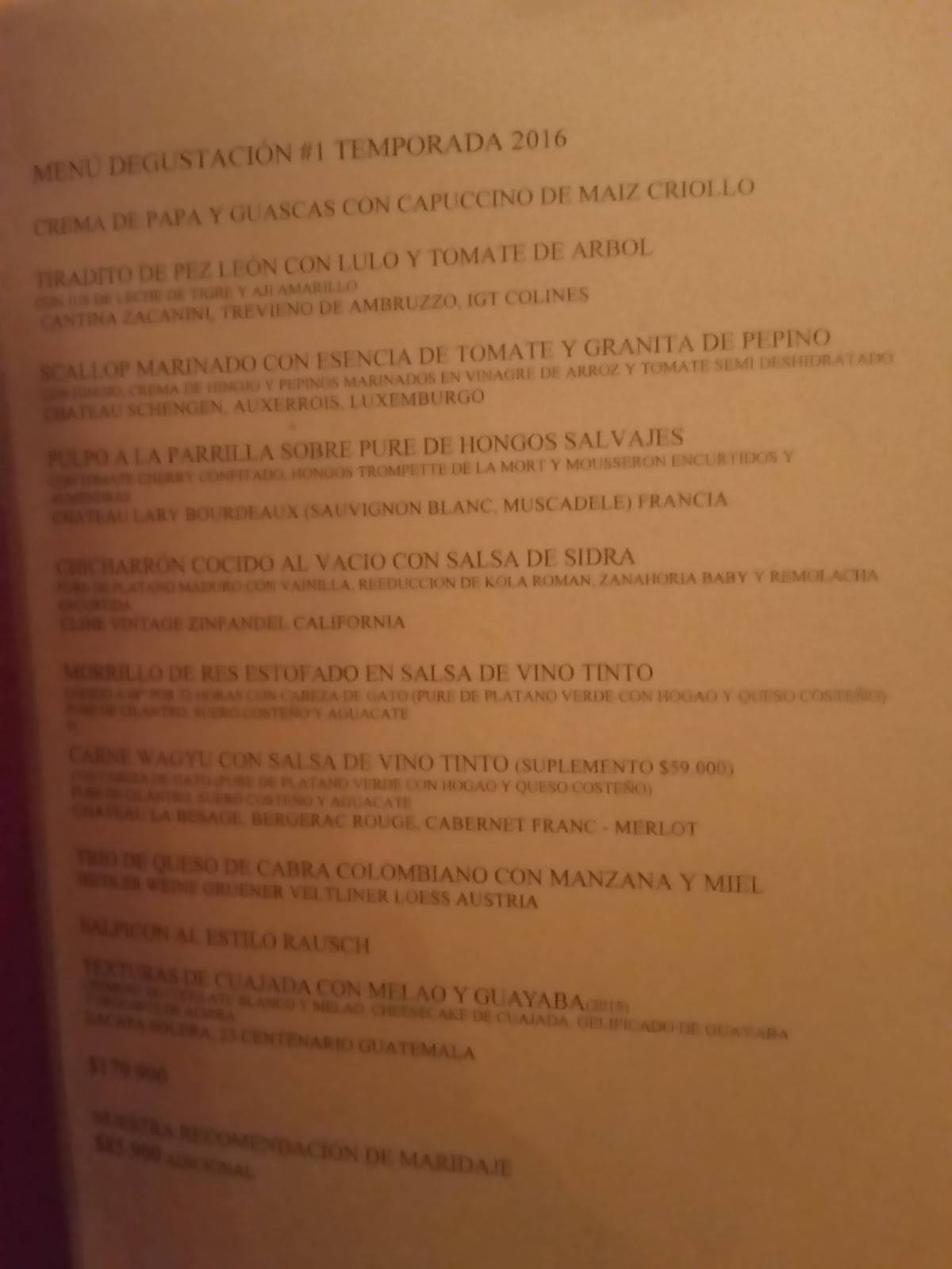 Carta del restaurante Criterión, Bogotá