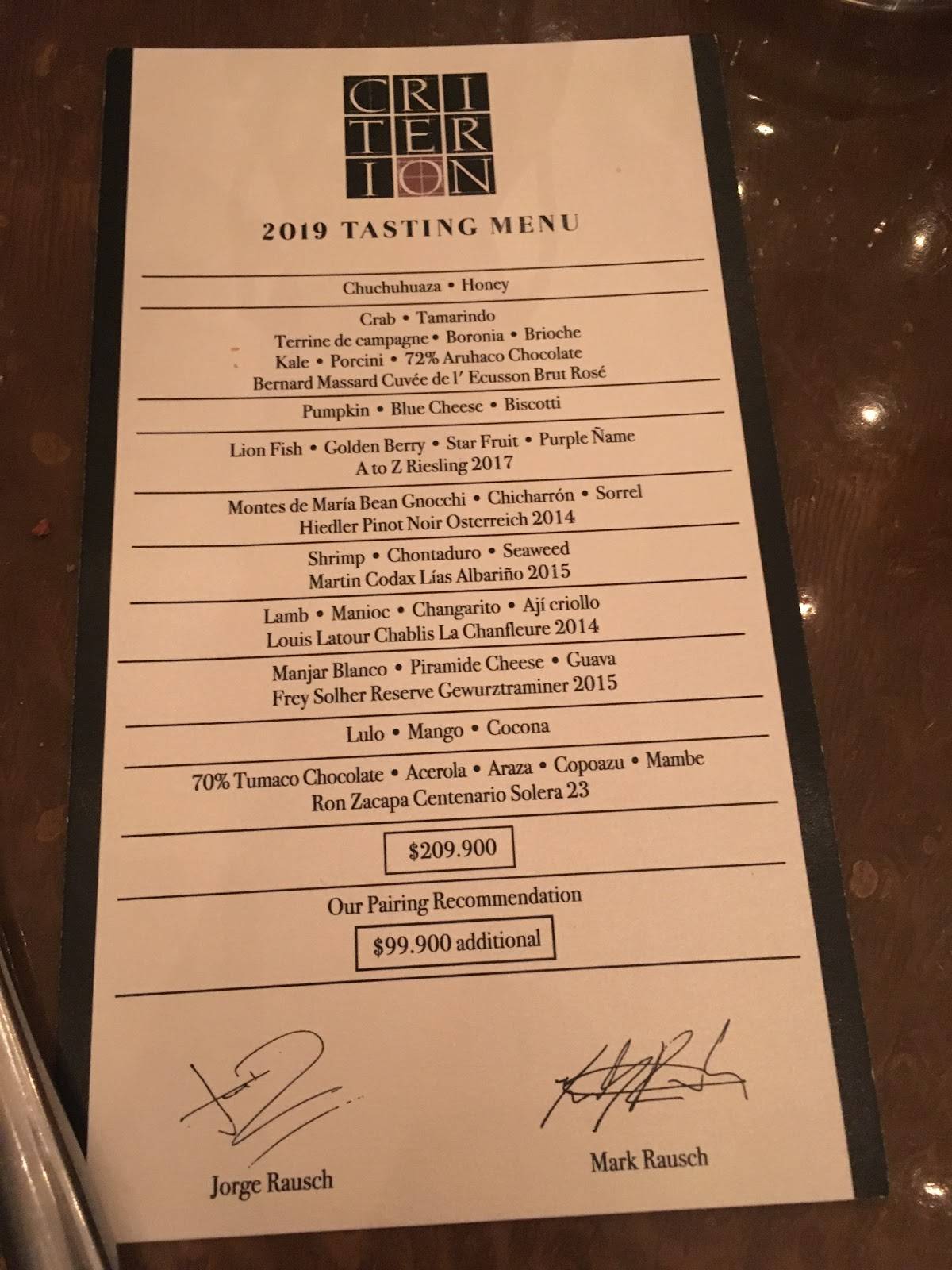 Carta del restaurante Criterión, Bogotá