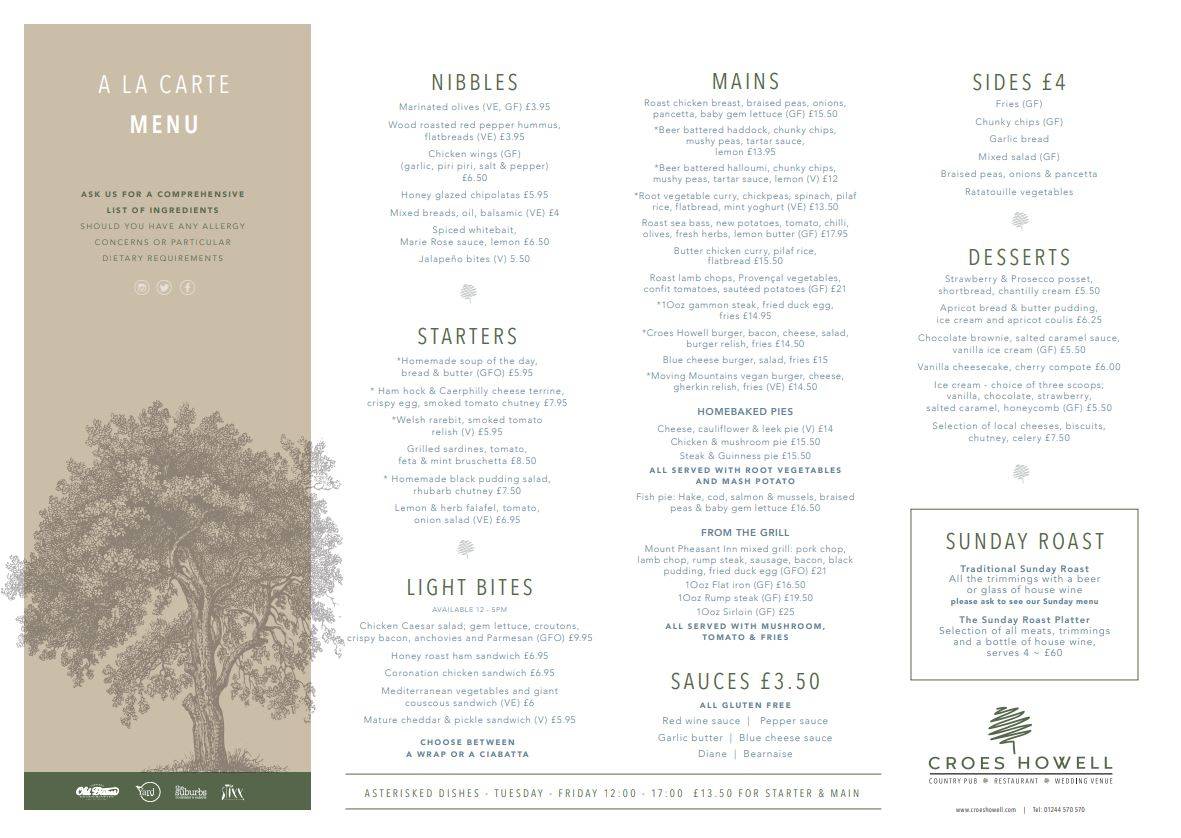 Menu at Croes Howell Restaurant & Bar, Wrexham
