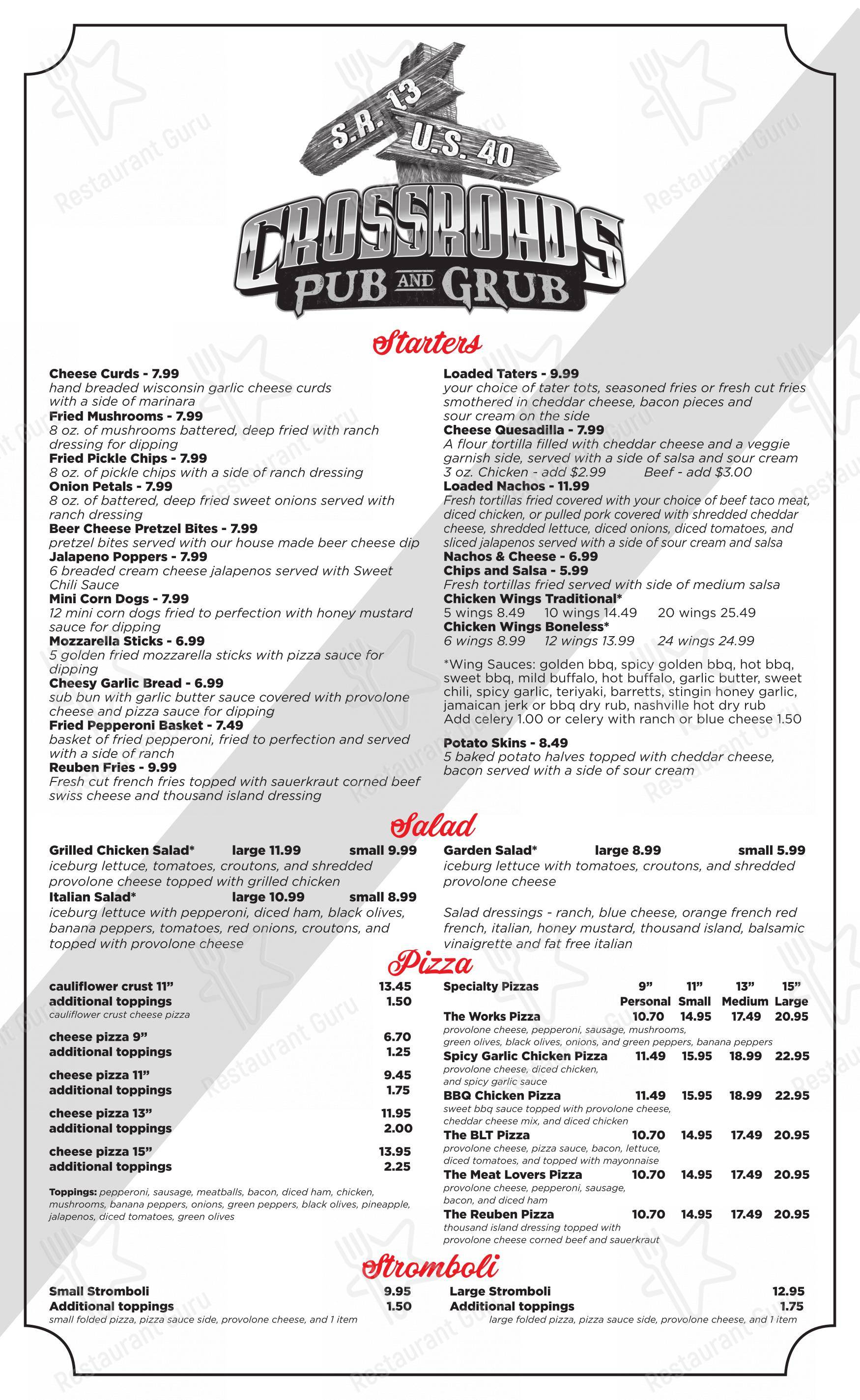 Menu at Crossroads Pub and Grub, Jacksontown