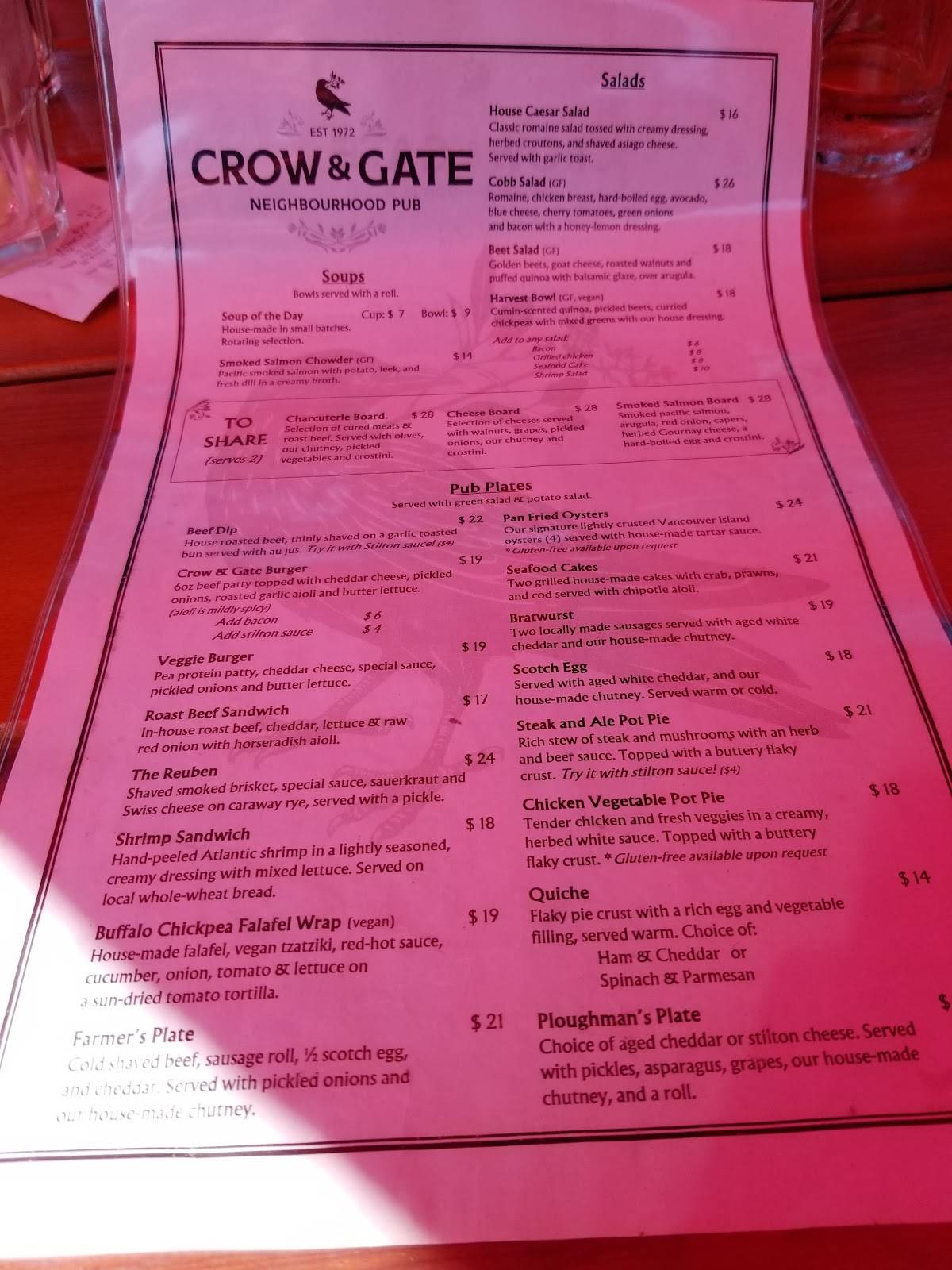 Menu at Crow & Gate Pub, Nanaimo