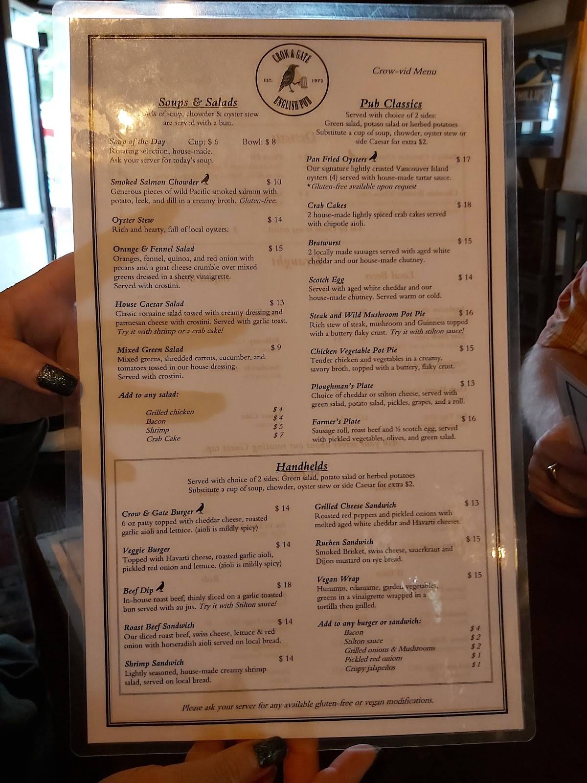 Menu at Crow & Gate Pub, Nanaimo