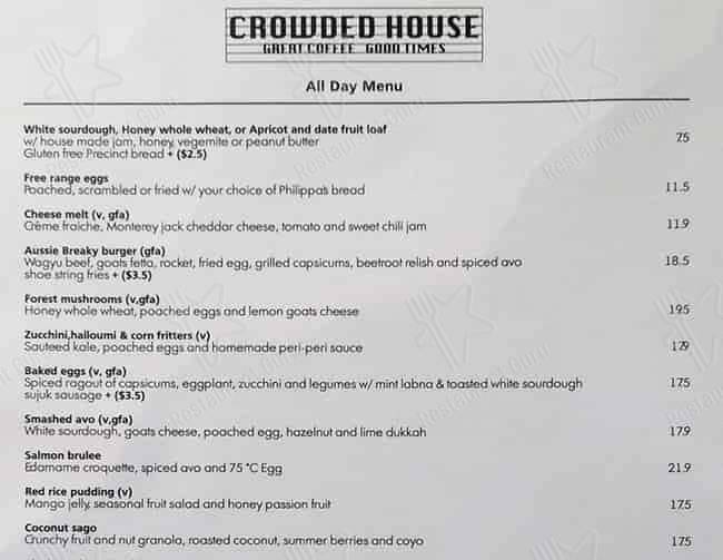 Menu at Crowded House restaurant, Williamstown