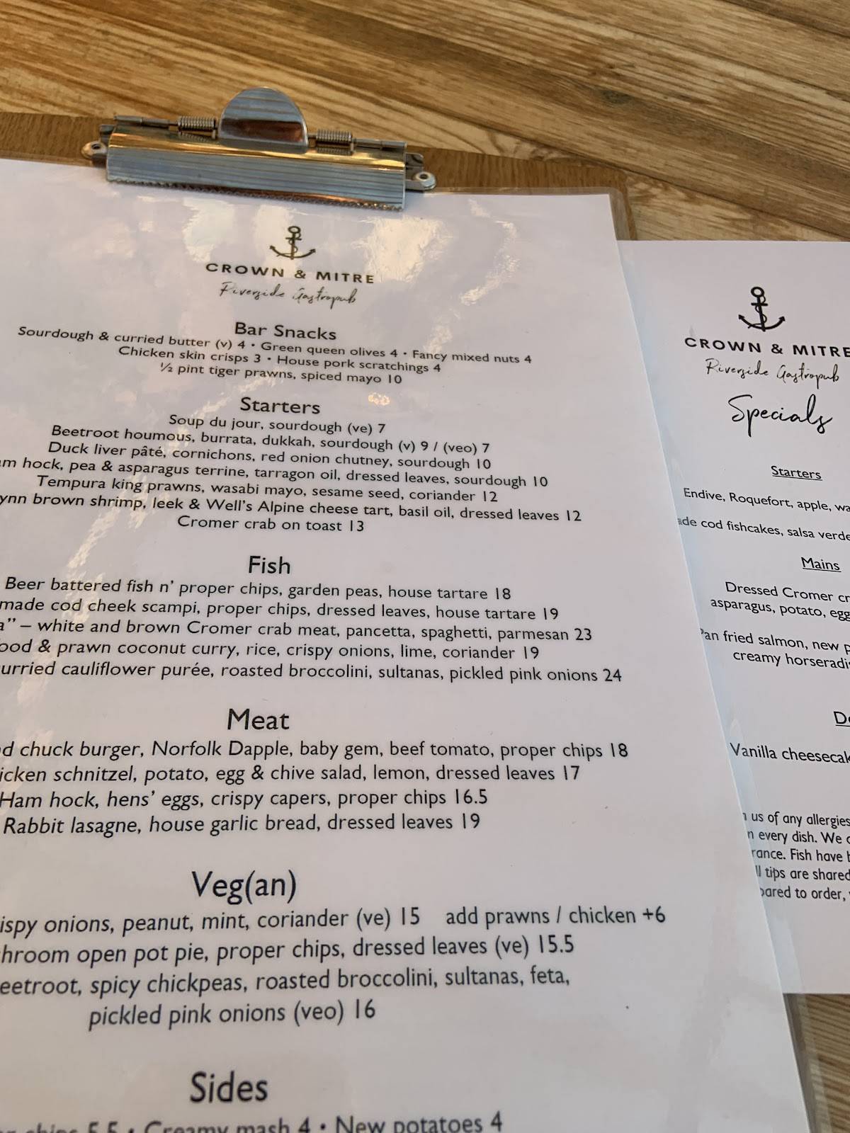 Menu at Crown & Mitre pub & bar, King's Lynn
